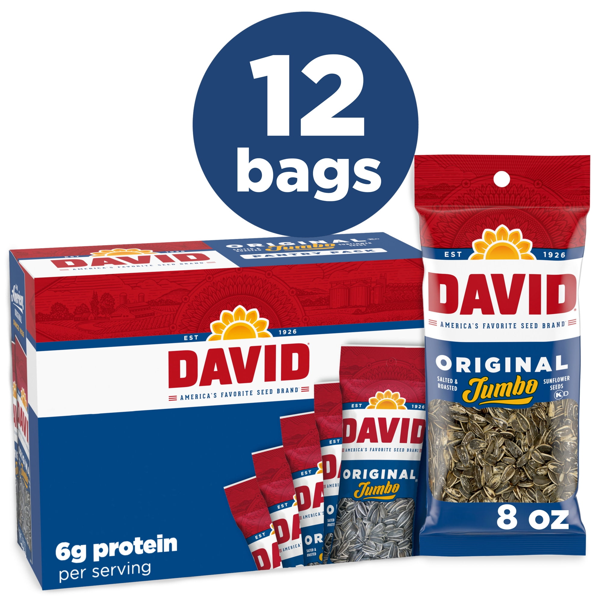 DAVID Original Salted and Roasted Jumbo Sunflower Seeds, 1.625 oz, 12 ...