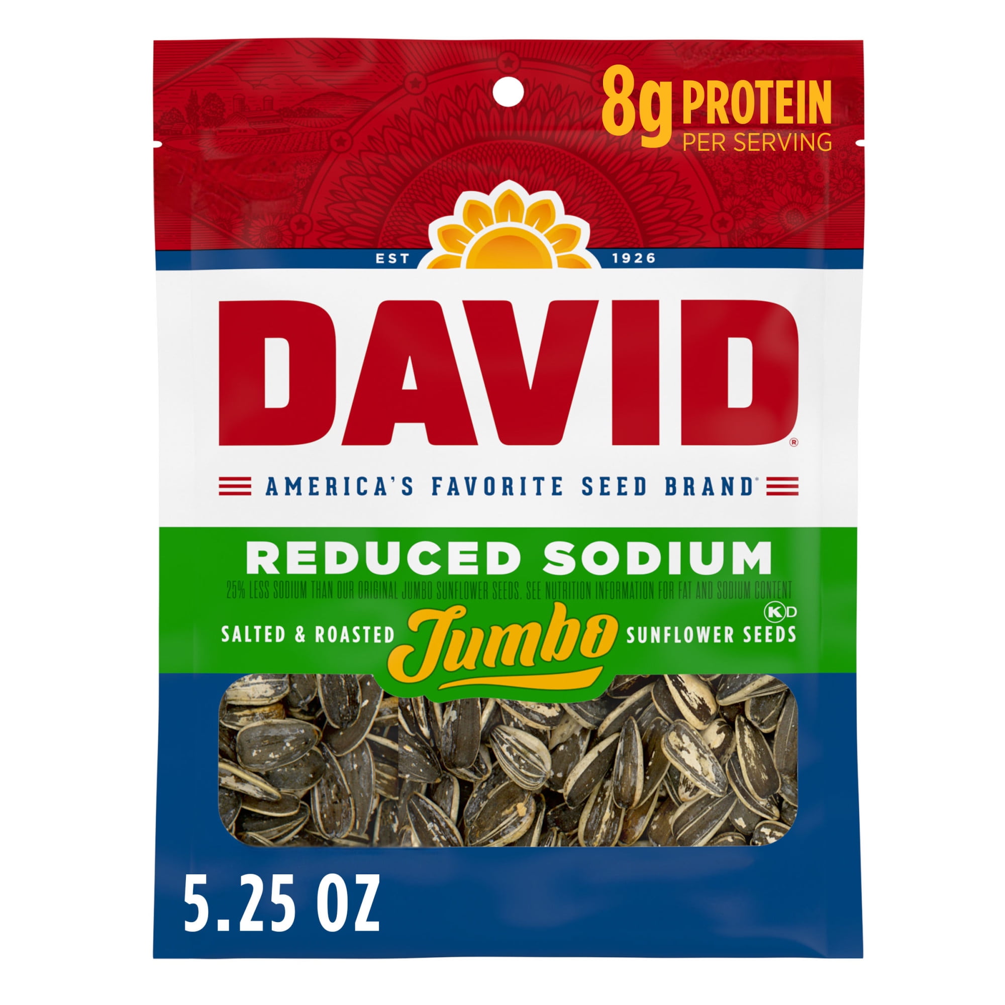 DAVID Seeds Jumbo Sunflower Seeds, Reduced Sodium, Salted and Roasted ...