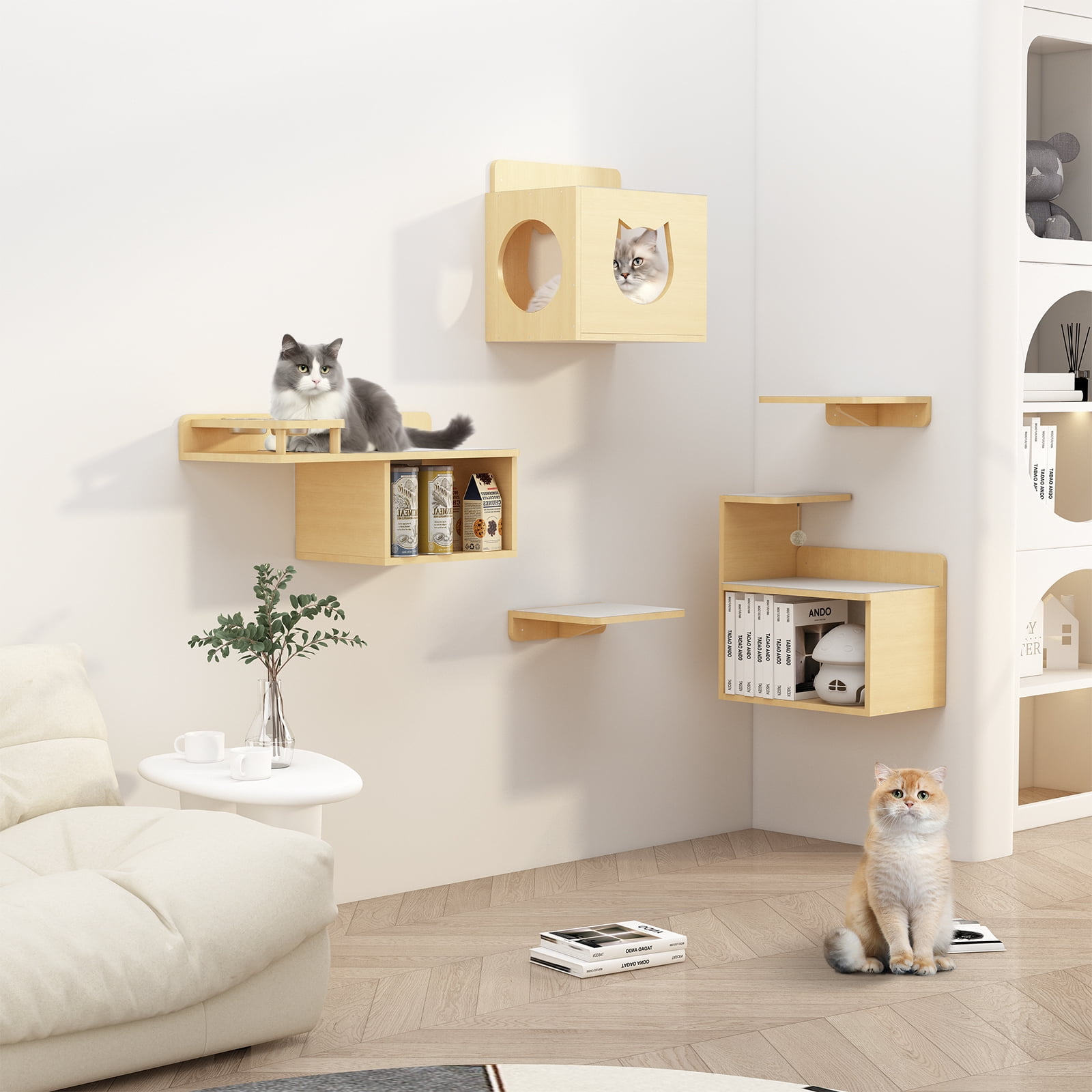 DAWNYIELD 5-Piece Wooden Cat Wall Shelves Set with Feeding Station and ...