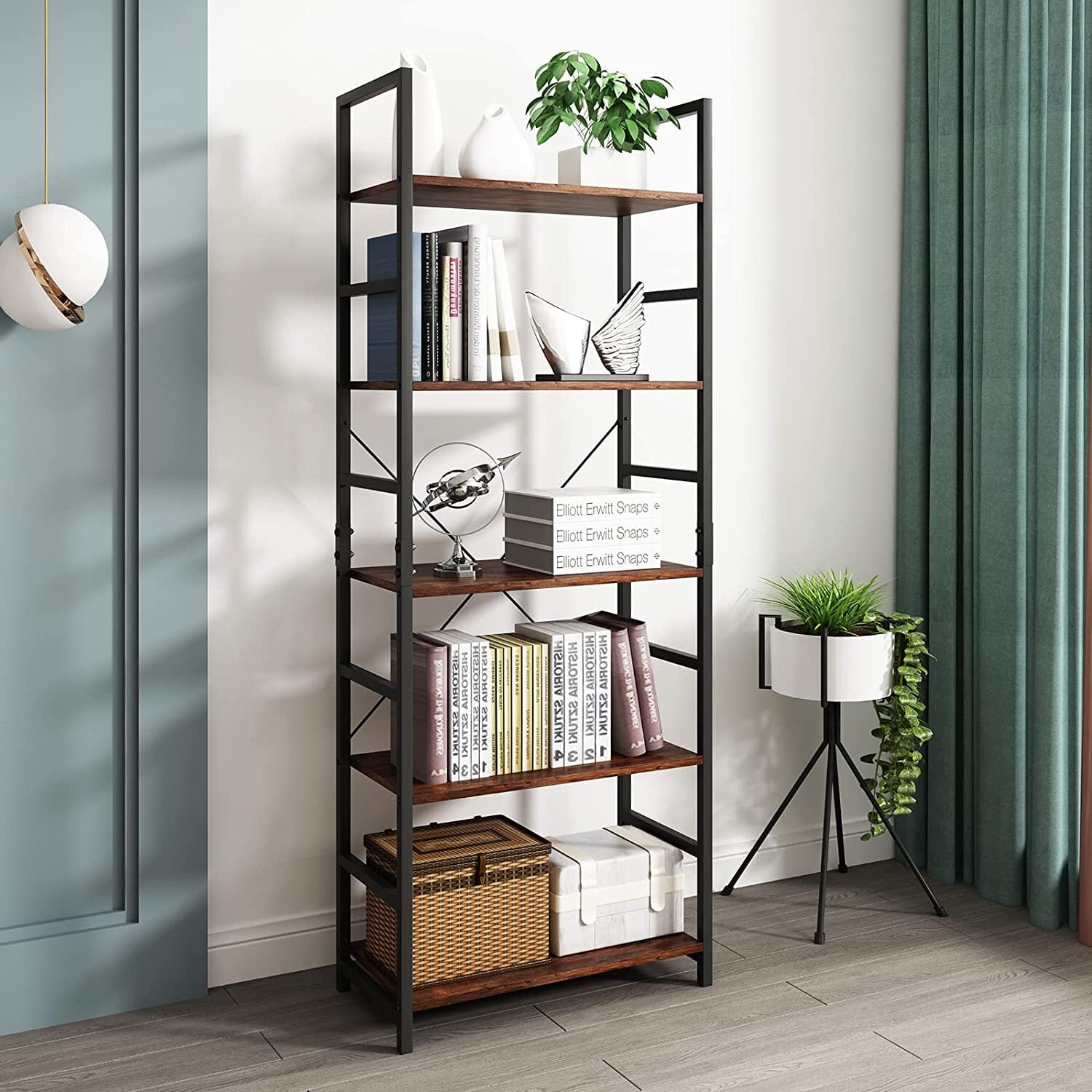 62.2'' Bookcase, 5 Tier Tall Standing Bookshelf Metal and Wood Frame ...