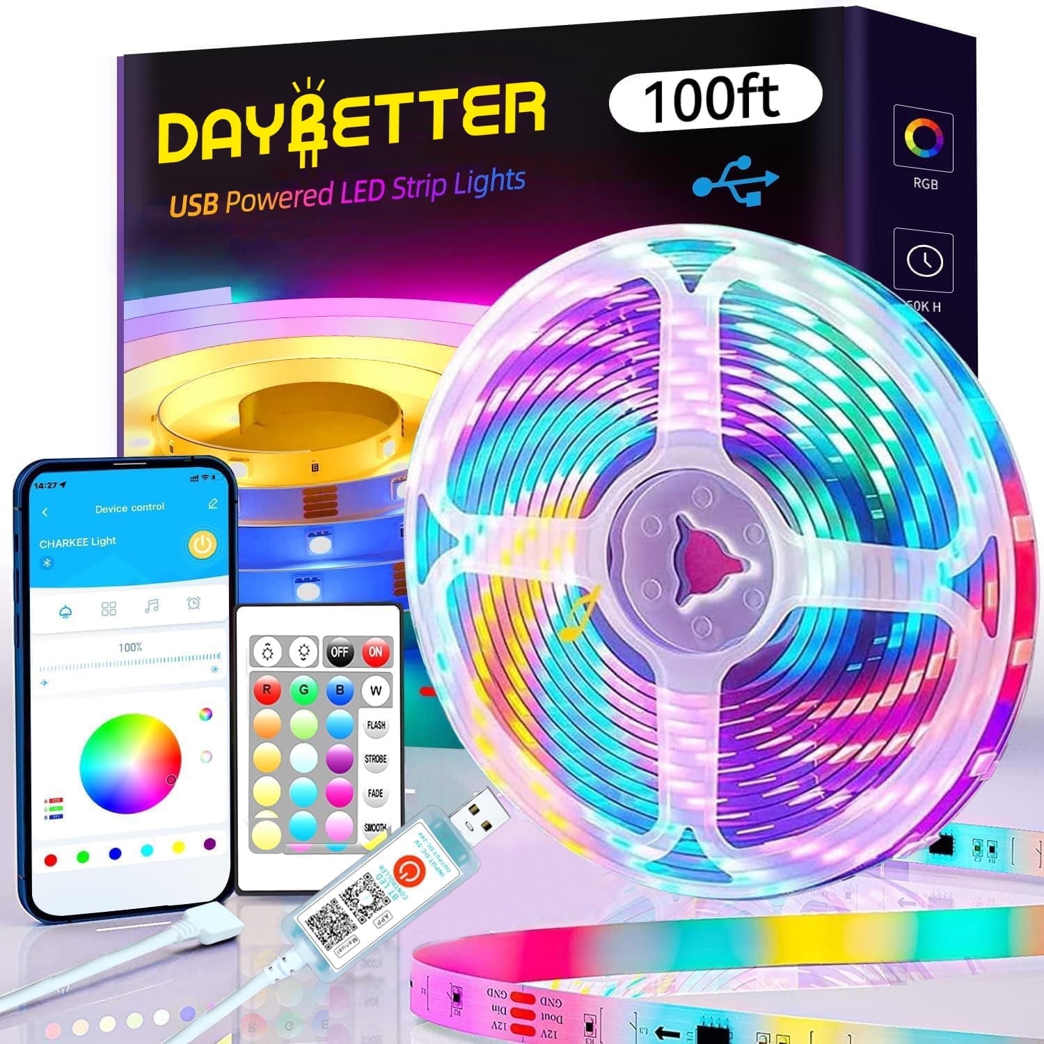 DAYBETTER 100ft LED Strip Lights,USB Powered,App Control and Music Sync ...