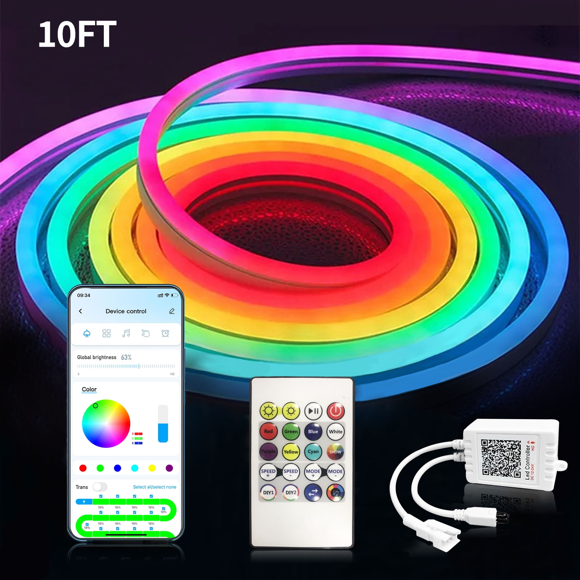 DAYBETTER 10ft Led Neon Rope Lights, LED Strip Lights with Remote APP ...