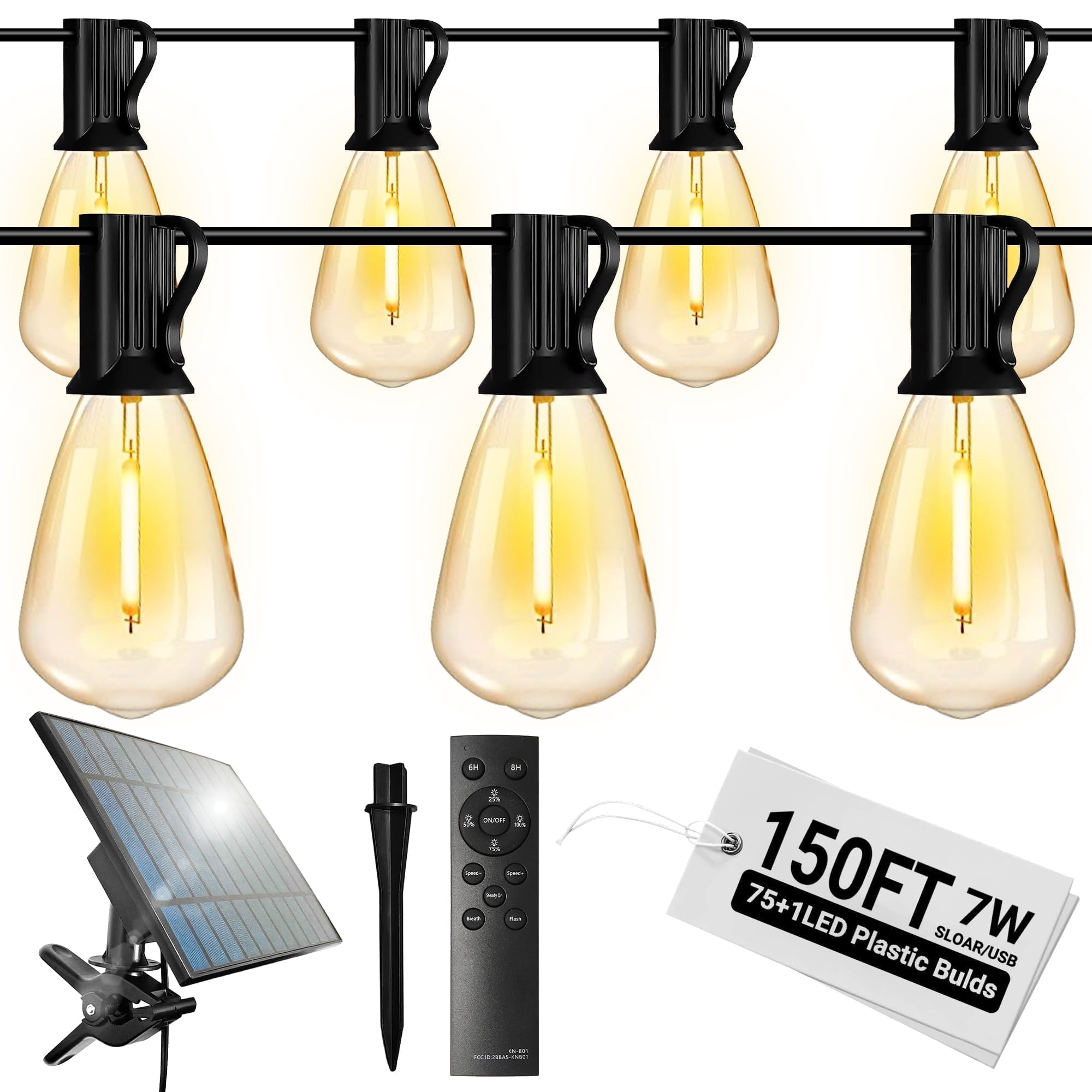 DAYBETTER 150FT Solar Outdoor String Lights, with 50 ST38 Shatterproof Bulbs,Solar Powered ...