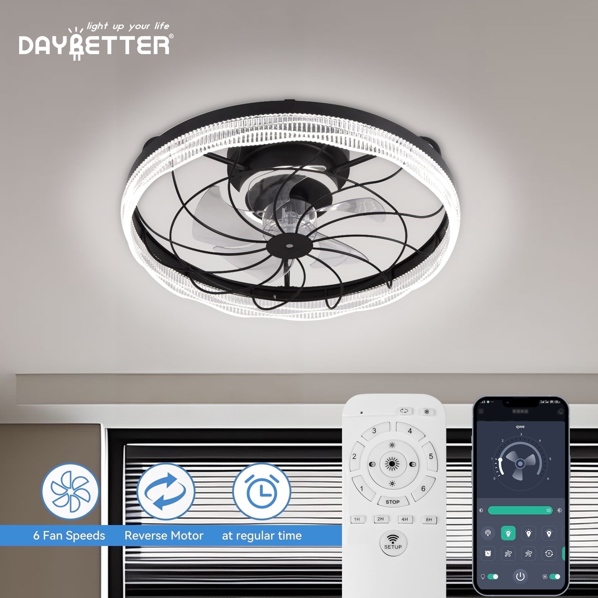 DAYBETTER 19.8" Ceiling Fan with Lights,Dimmable APP Remote Control ...