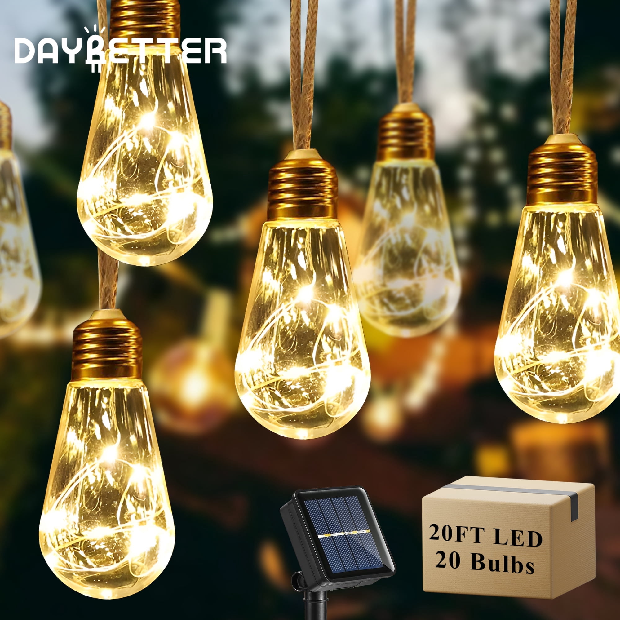 DAYBETTER 20FT Solar Powered Outdoor Vintage Rope Hemp String Lights ...