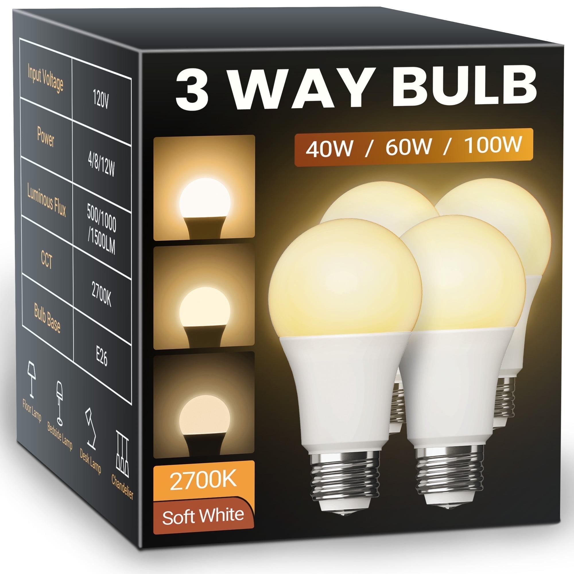 DAYBETTER 3 Way LED Light Bulbs,40 60 100W Equivalent,Soft White 2700K ...