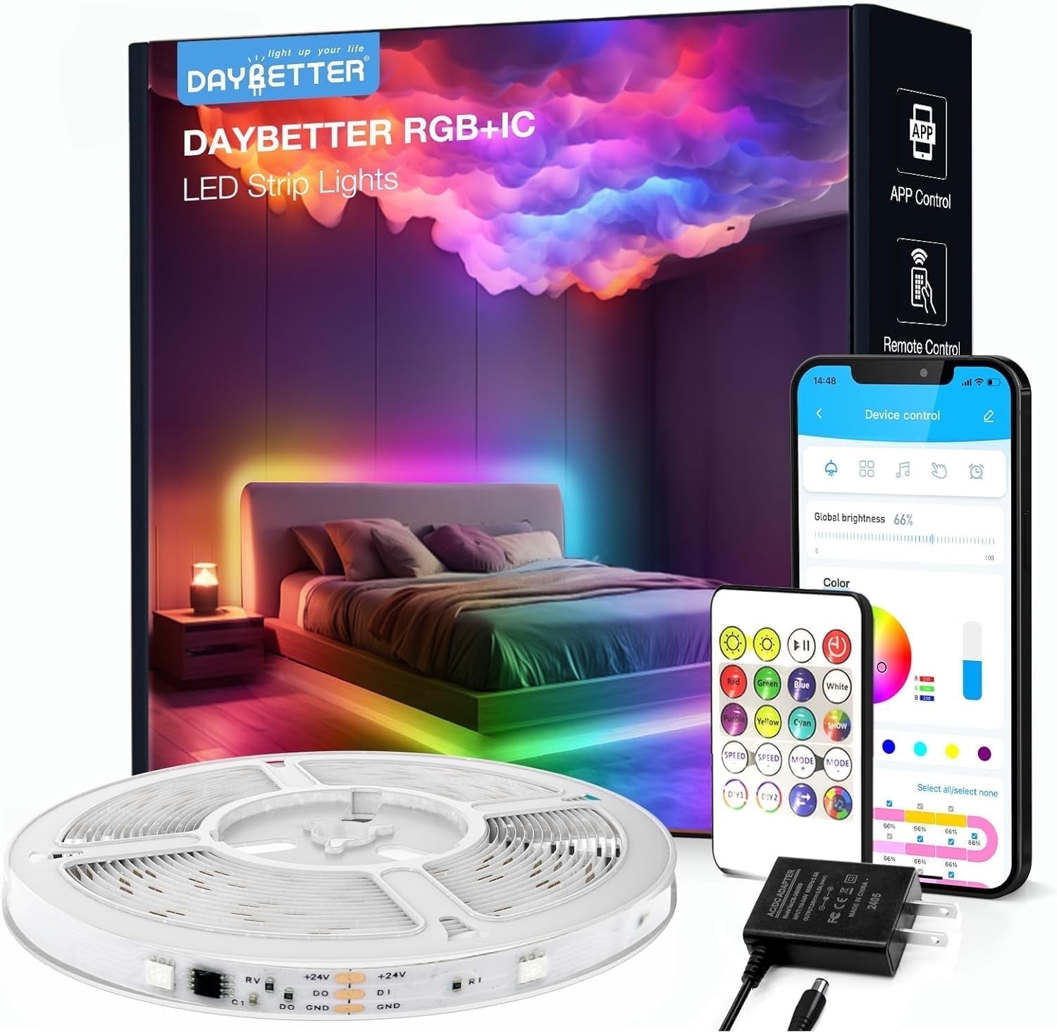 DAYBETTER 32.8ft LED Lights Strip for Bedroom Decor,Smart RGB IC ...