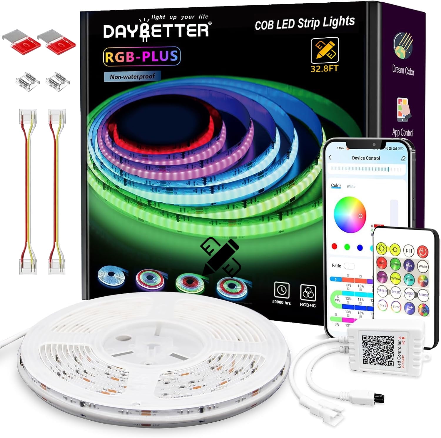 DAYBETTER 32.8ft RGB IC COB LED Strip Lights with App Control, Music ...