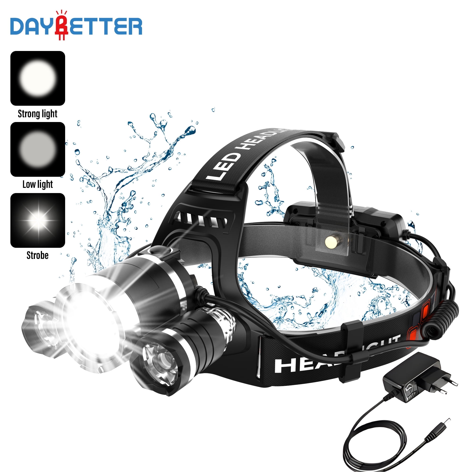DAYBETTER 3LED Headlamp Rechargeable, 1200LM/1600mAh/4Modes Head Lights ...
