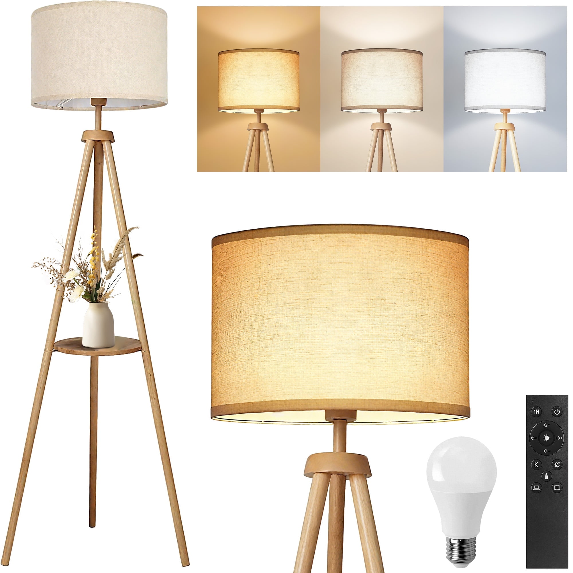 DAYBETTER 63'' Wood Tripod Floor Lamp with Shelves, Dimmable Shelf ...