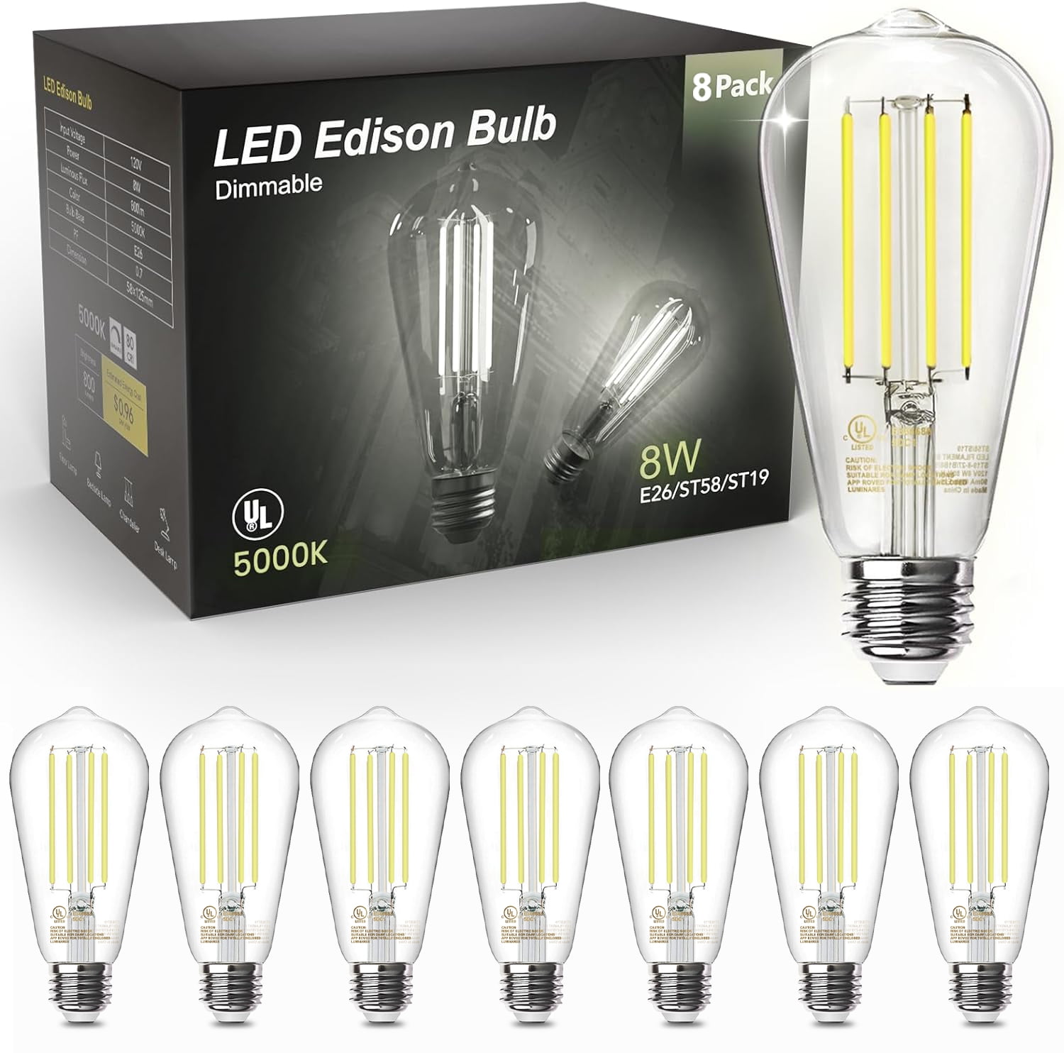 DAYBETTER LED Edison Bulbs 8 Pack Vintage E26 Dimmable 60W Equivalent ...