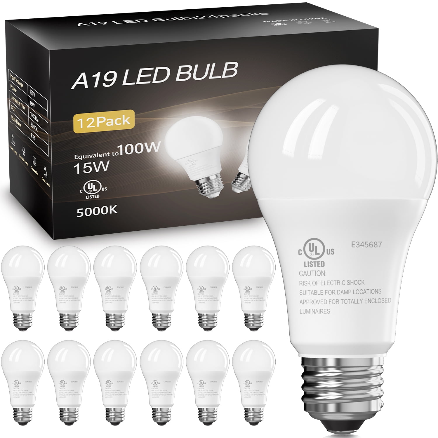 DAYBETTER A19 LED Light Bulbs, 100W Equivalent, 5000K Daylight, 15W ...