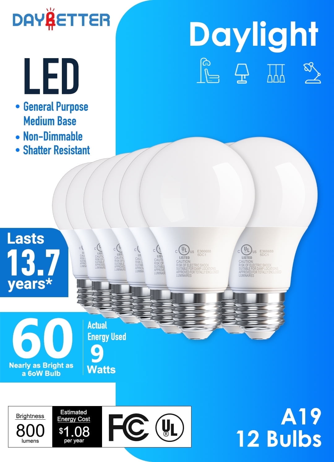 DAYBETTER A19 LED Light Bulbs, 60W Equivalent,5000K Daylight, 9W 800 ...