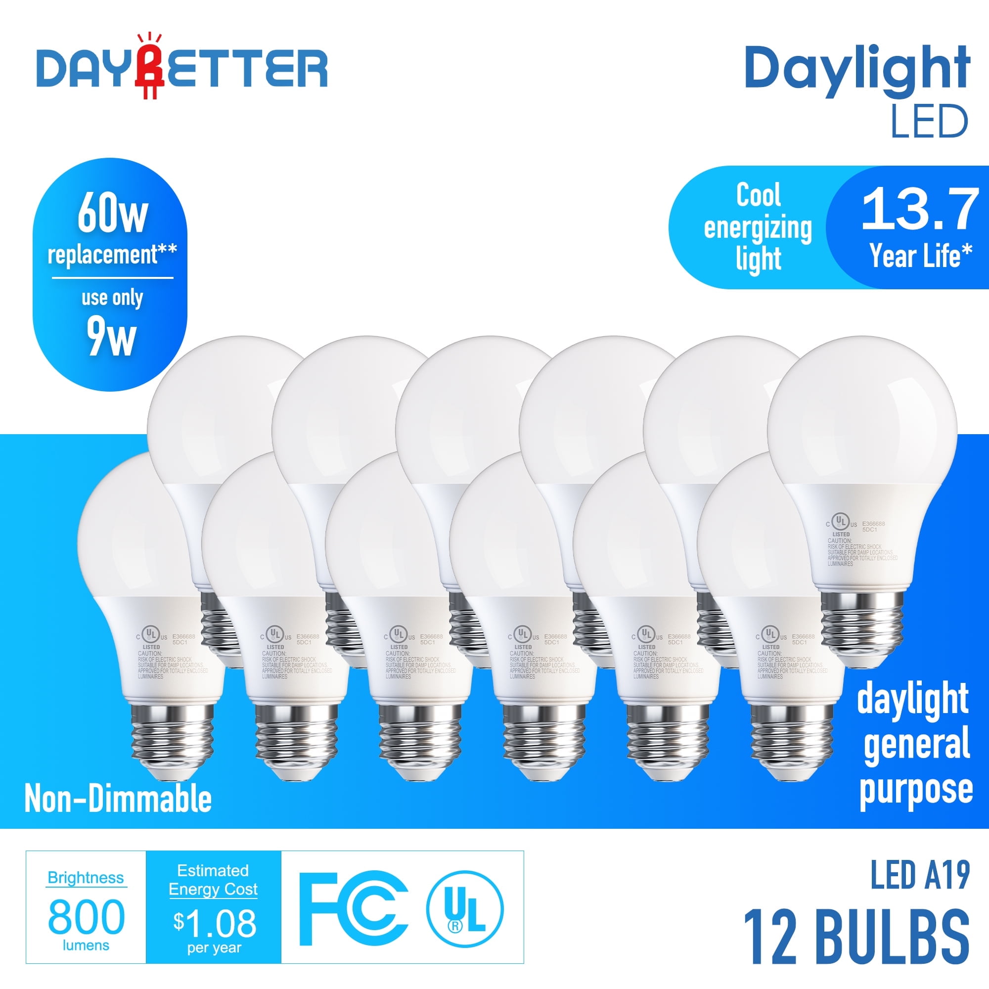 DAYBETTER A19 LED Light Bulbs, 60W Equivalent, 5000K Daylight, 9W 800 ...