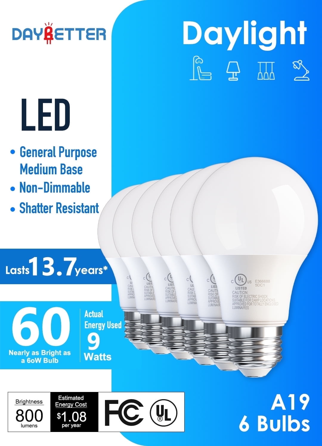 DAYBETTER A19 LED Light Bulbs, 60W Equivalent, 5000K Daylight, 9W 800 ...