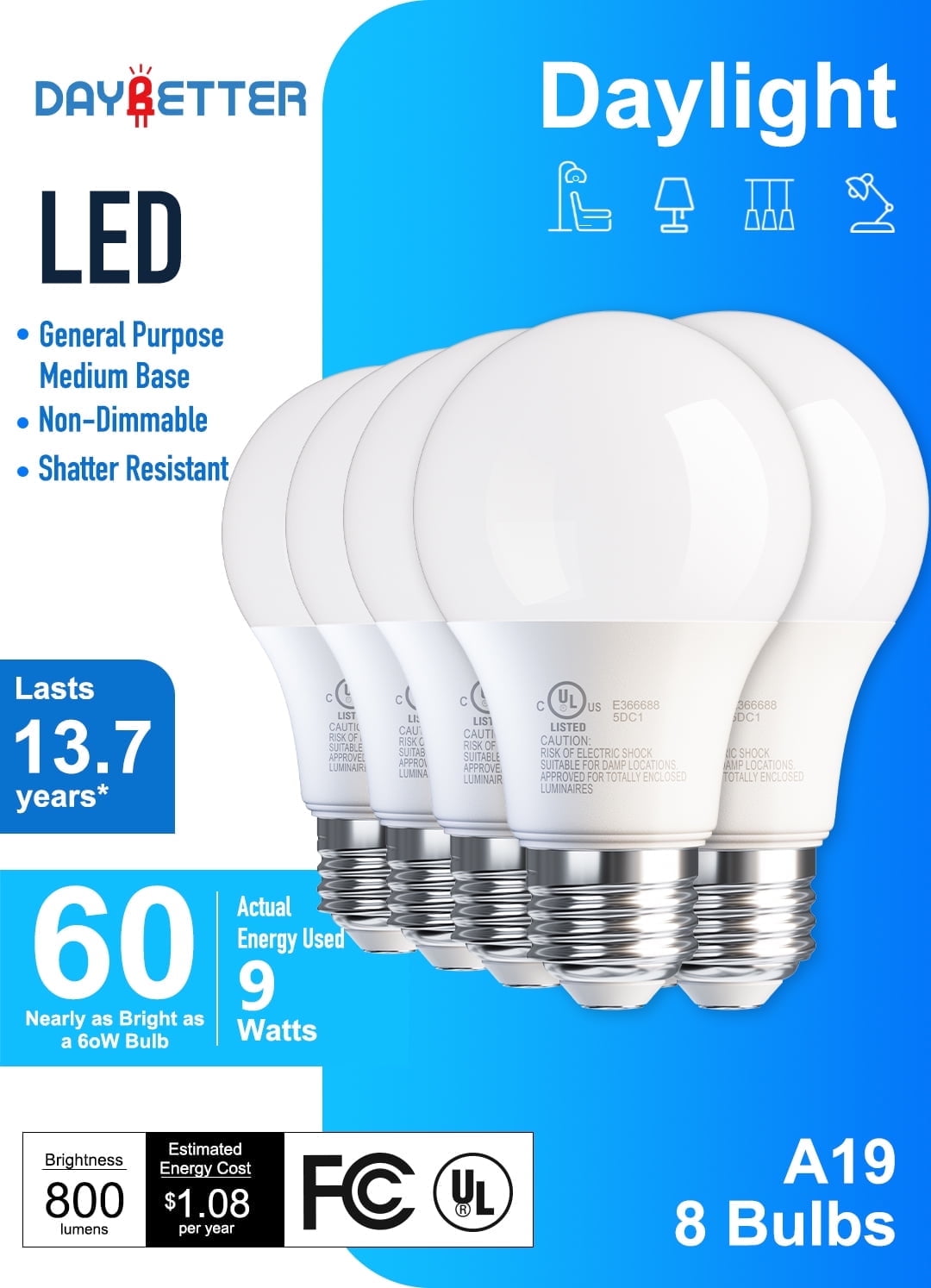 DAYBETTER A19 LED Light Bulbs, 60W Equivalent,5000K Daylight, 9W 800 ...