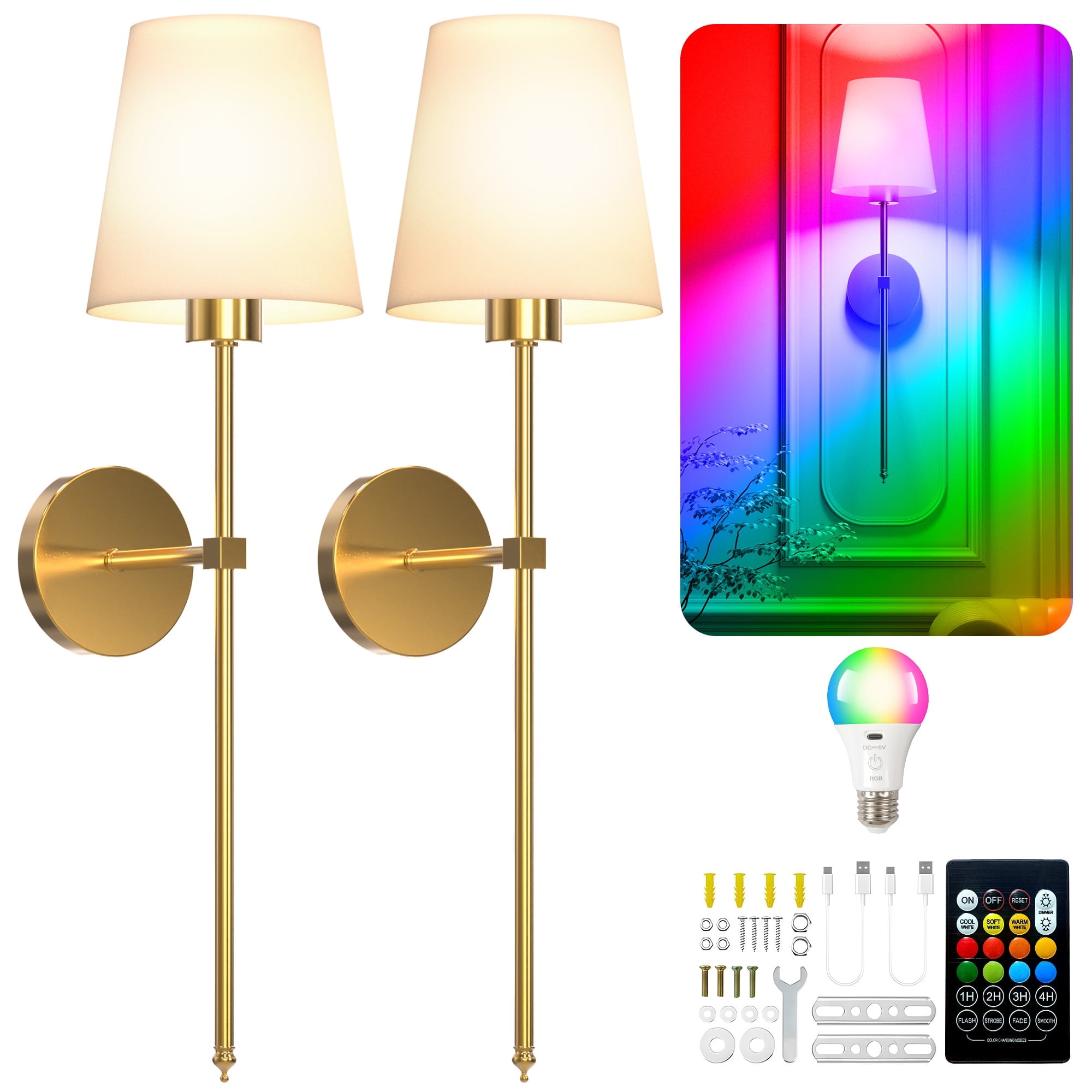 DAYBETTER Battery Operated Wall Sconces Set of 2, 4 Color-changing Modes Wireless Remote Wall ...