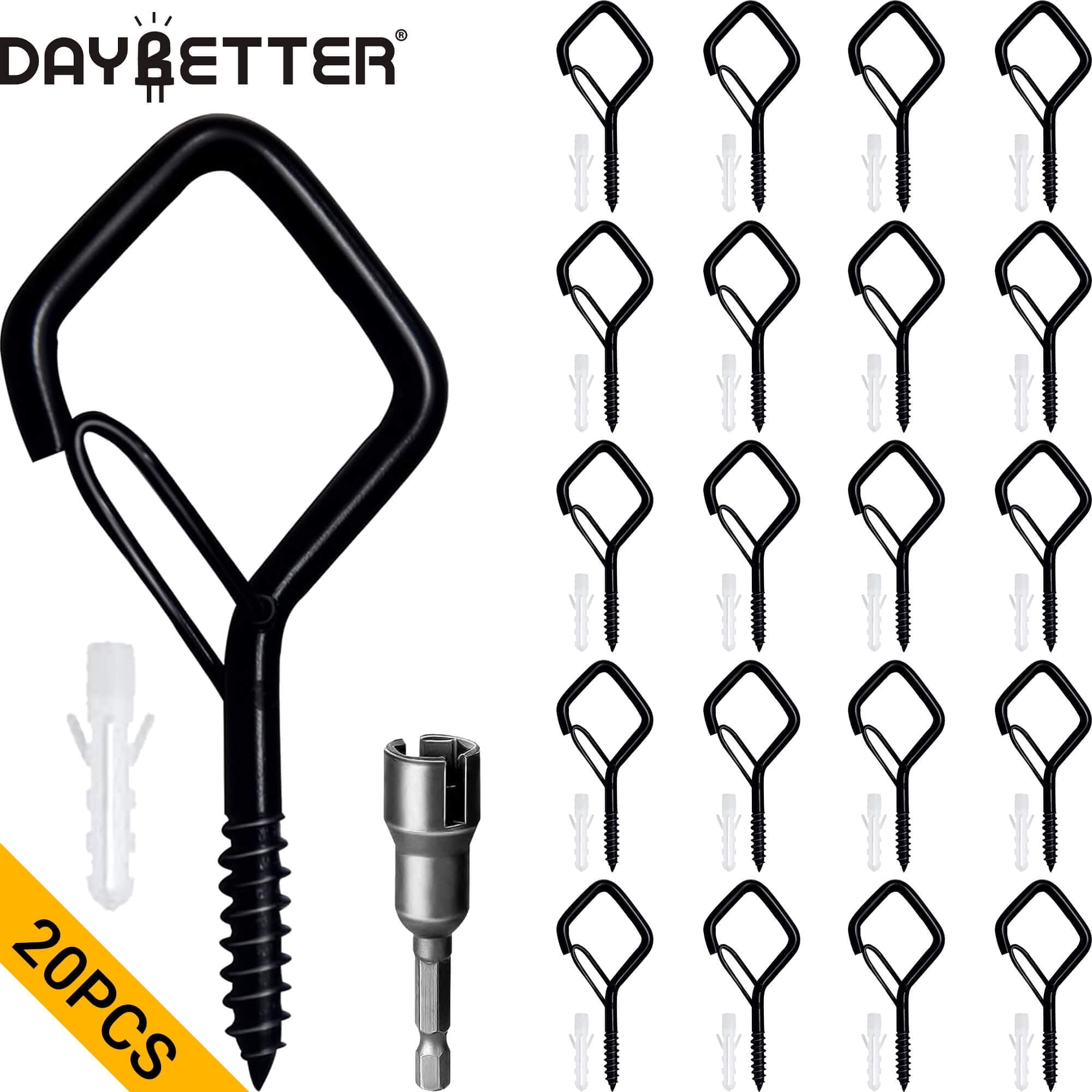DAYBETTER Black Screw Hooks, with Safety Buckle & Expansion Tubes, 20 ...