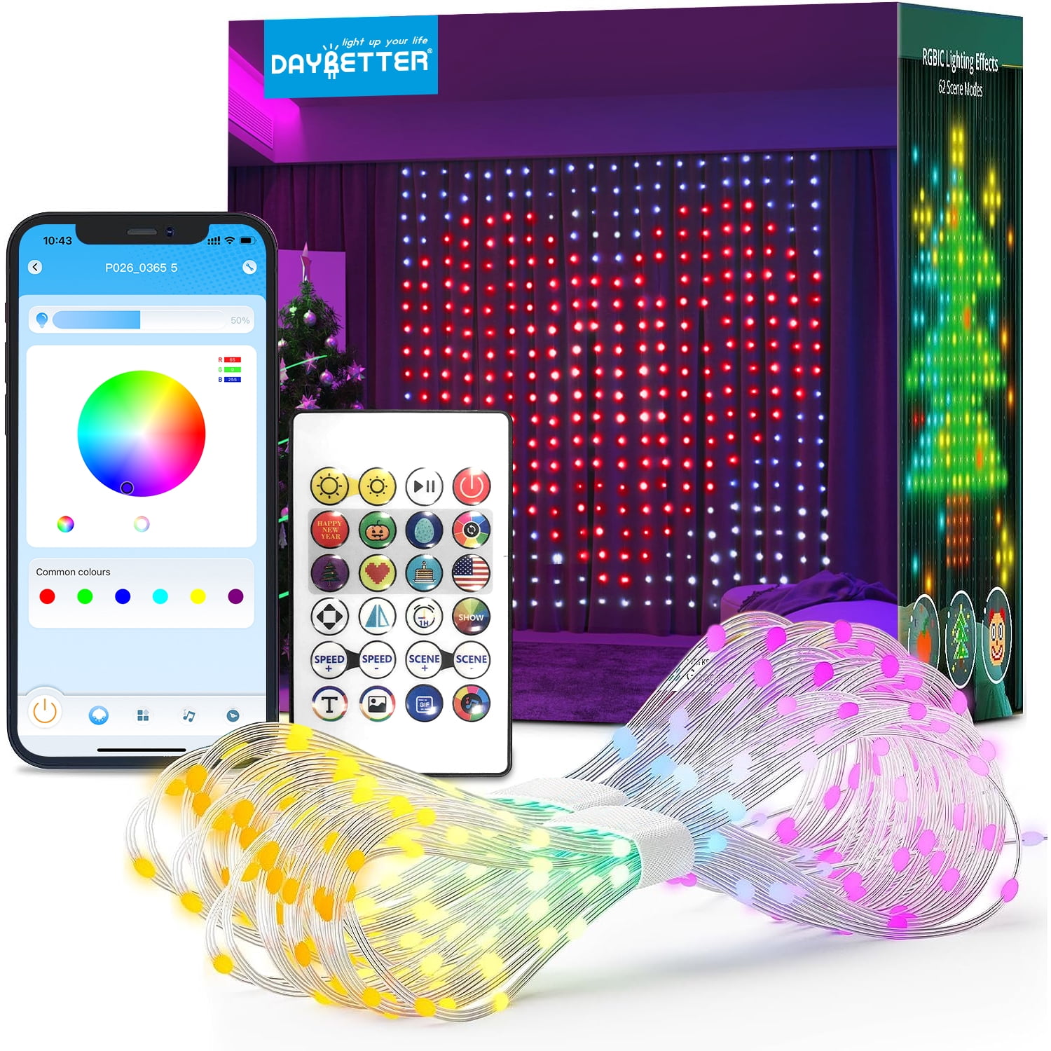 DAYBETTER Smart Xmas Lights, 400 RGB LEDs, IP65, App&IR Control, Music ...