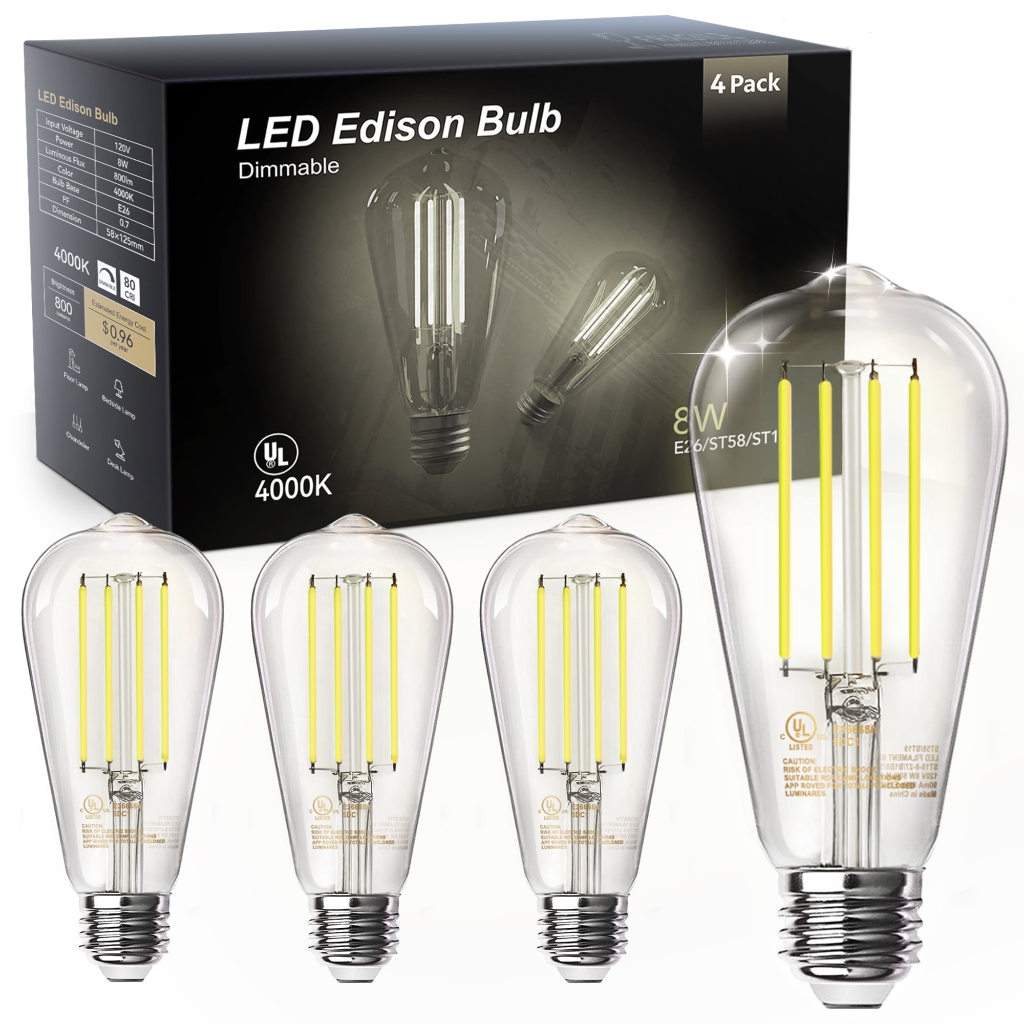 DAYBETTER Vintage LED Filament Light Bulbs, Dimmable Warm White 4000K ...
