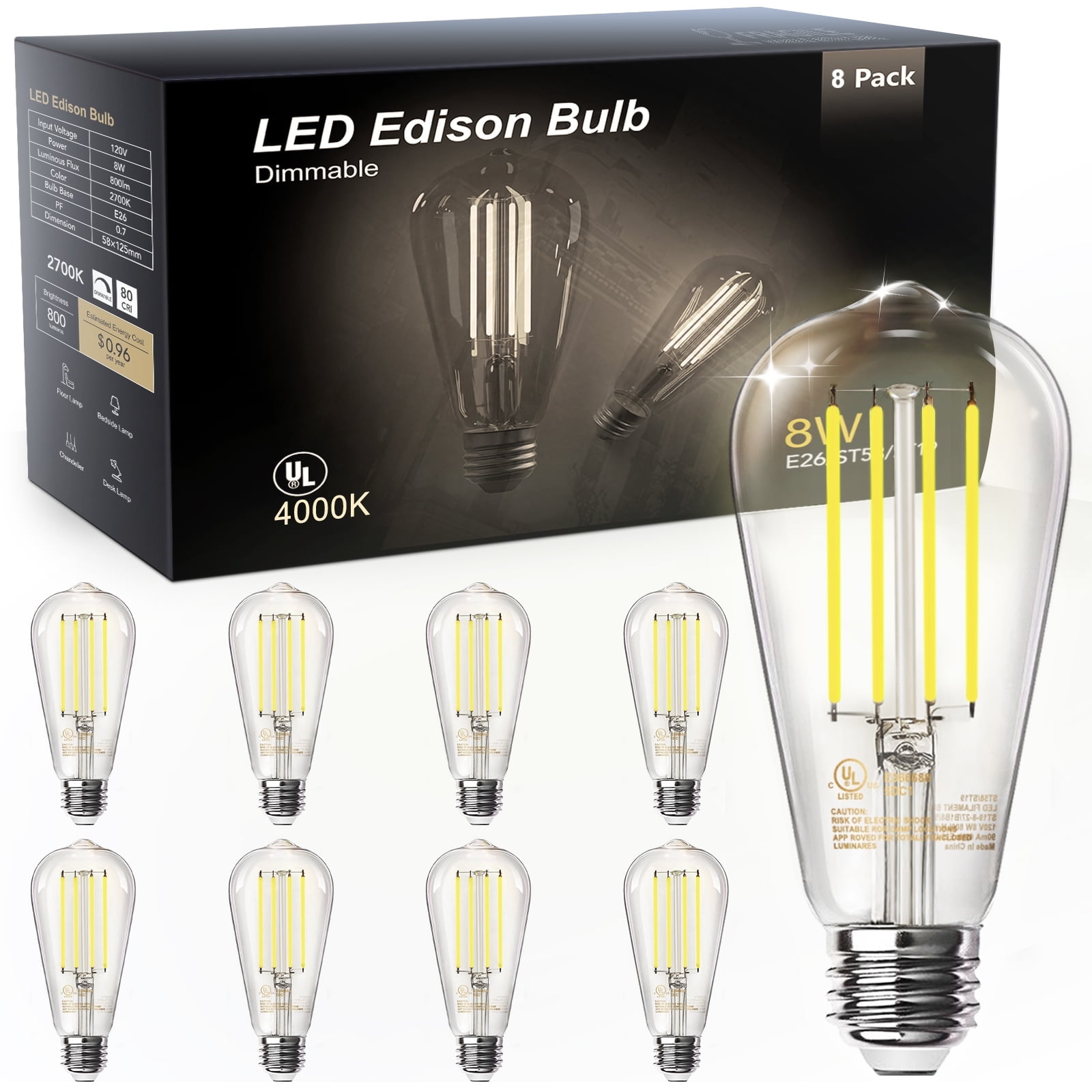 DAYBETTER Edison Light Bulbs,60W Equivalent,Dimmable Vintage LED Light ...