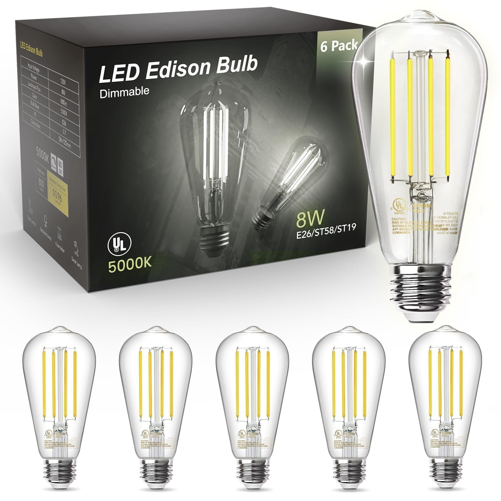 DAYBETTER Edison Light Bulbs 60W Equivalent, Dimmable Vintage LED Light ...