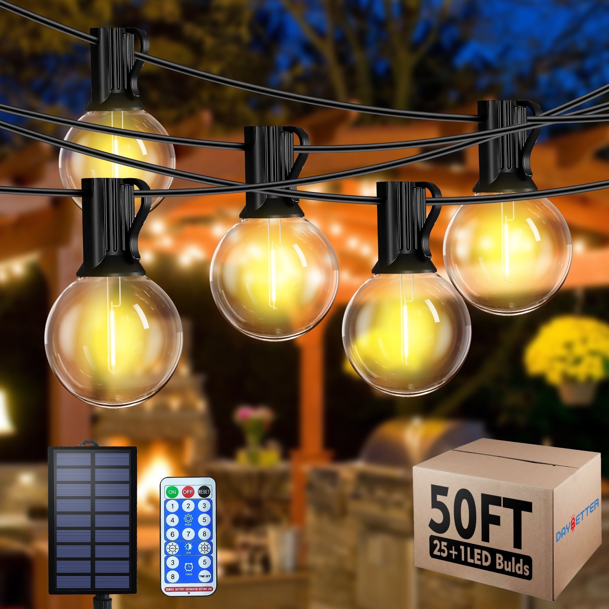 DAYBETTER G40 Solar Outdoor String Lights, Remote Control, 50ft Waterproof Hanging Lights with 8 ...