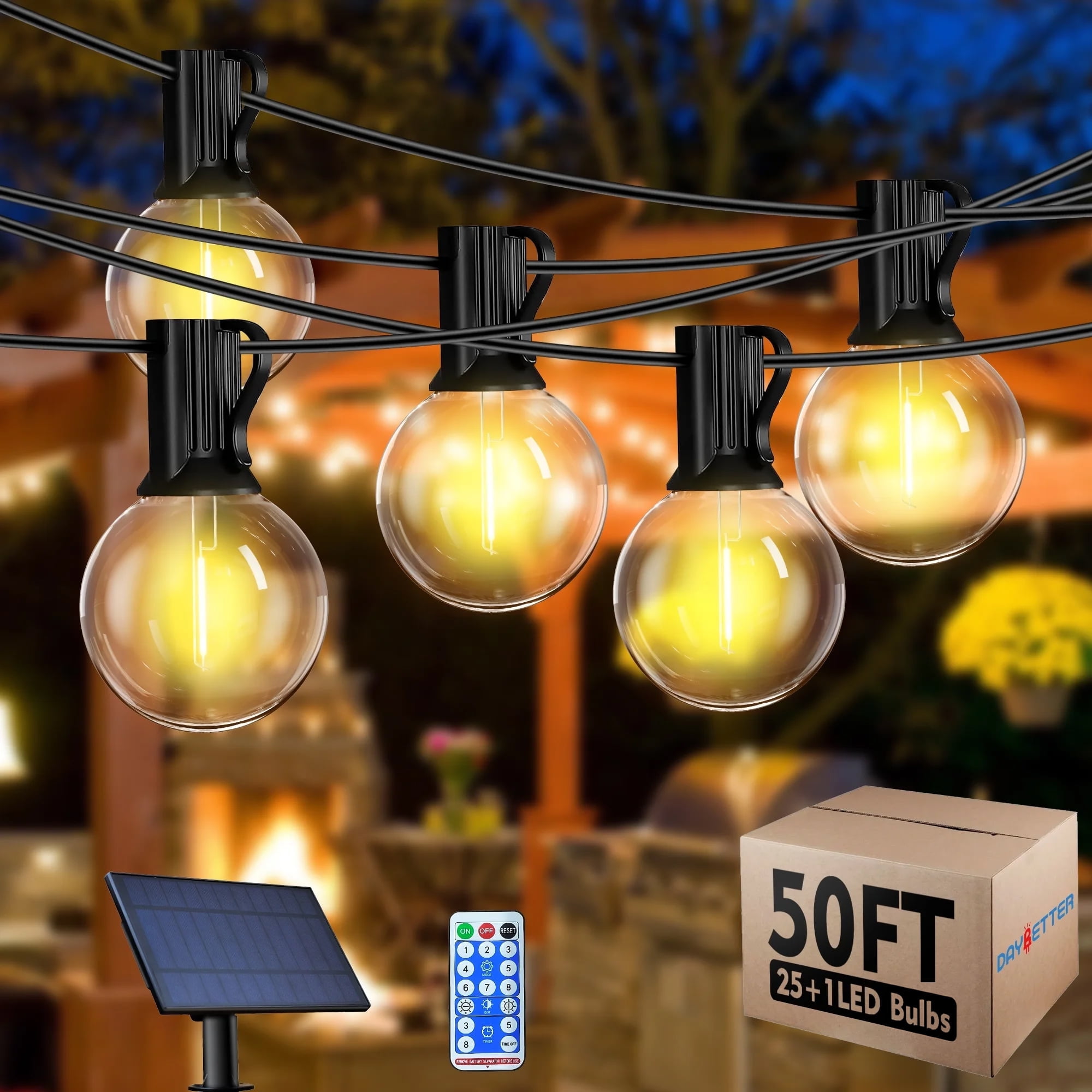 DAYBETTER Solar Outdoor String Lights, 50ft Waterproof Patio Lights, 25 ...