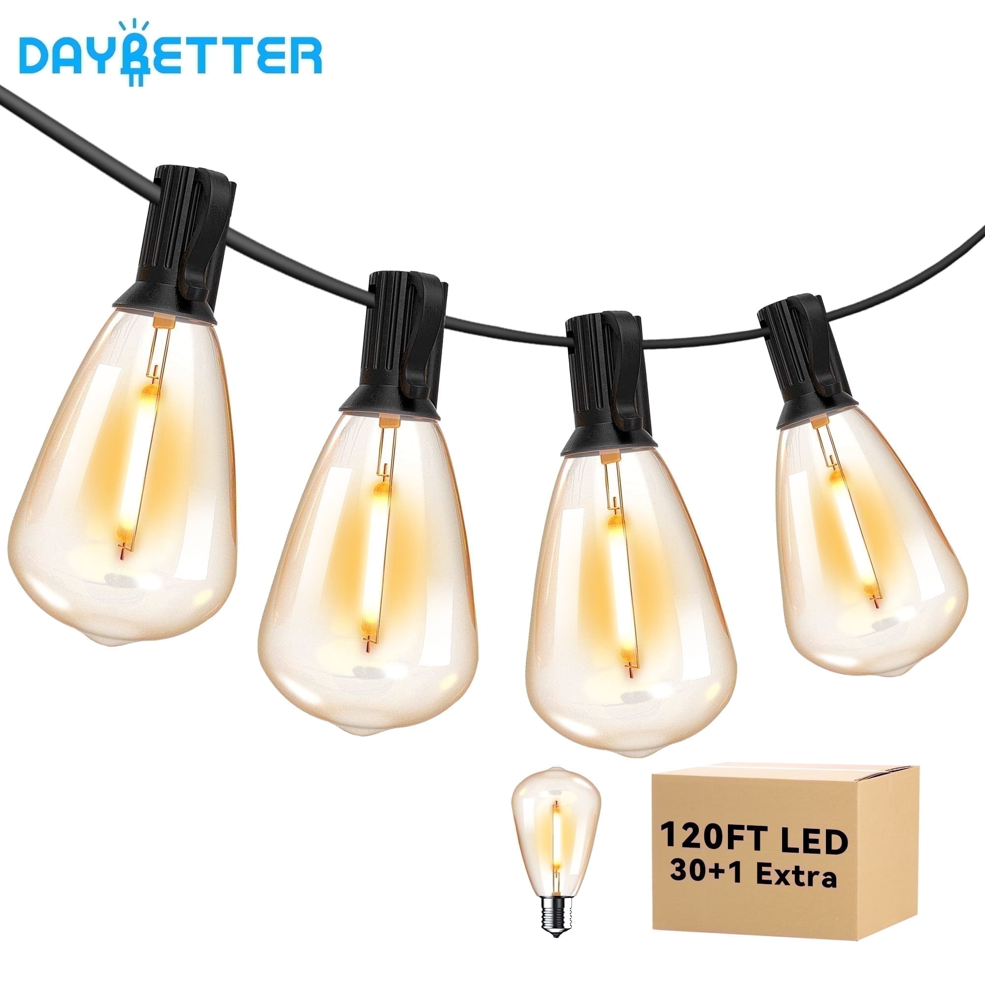 DAYBETTER Outdoor String Lights, Waterproof 120FT, 30 Shatterproof ...