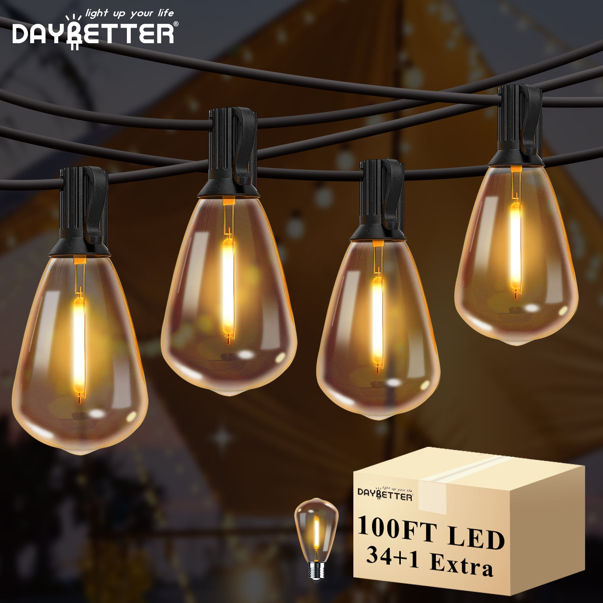 DAYBETTER Outdoor String Lights, 2200K 100FT Satterproof Plug in ...