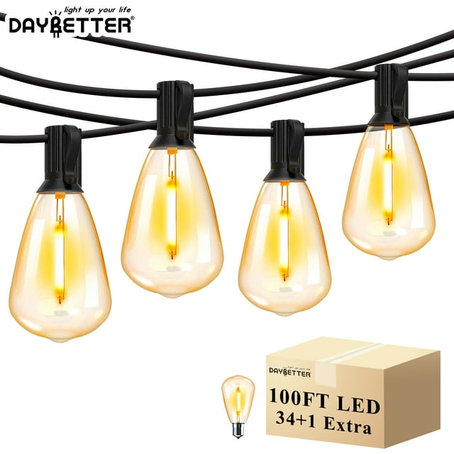 DAYBETTER Outdoor String Lights, 100FT ST38 34 Bulbs, 2200K Connectable ...
