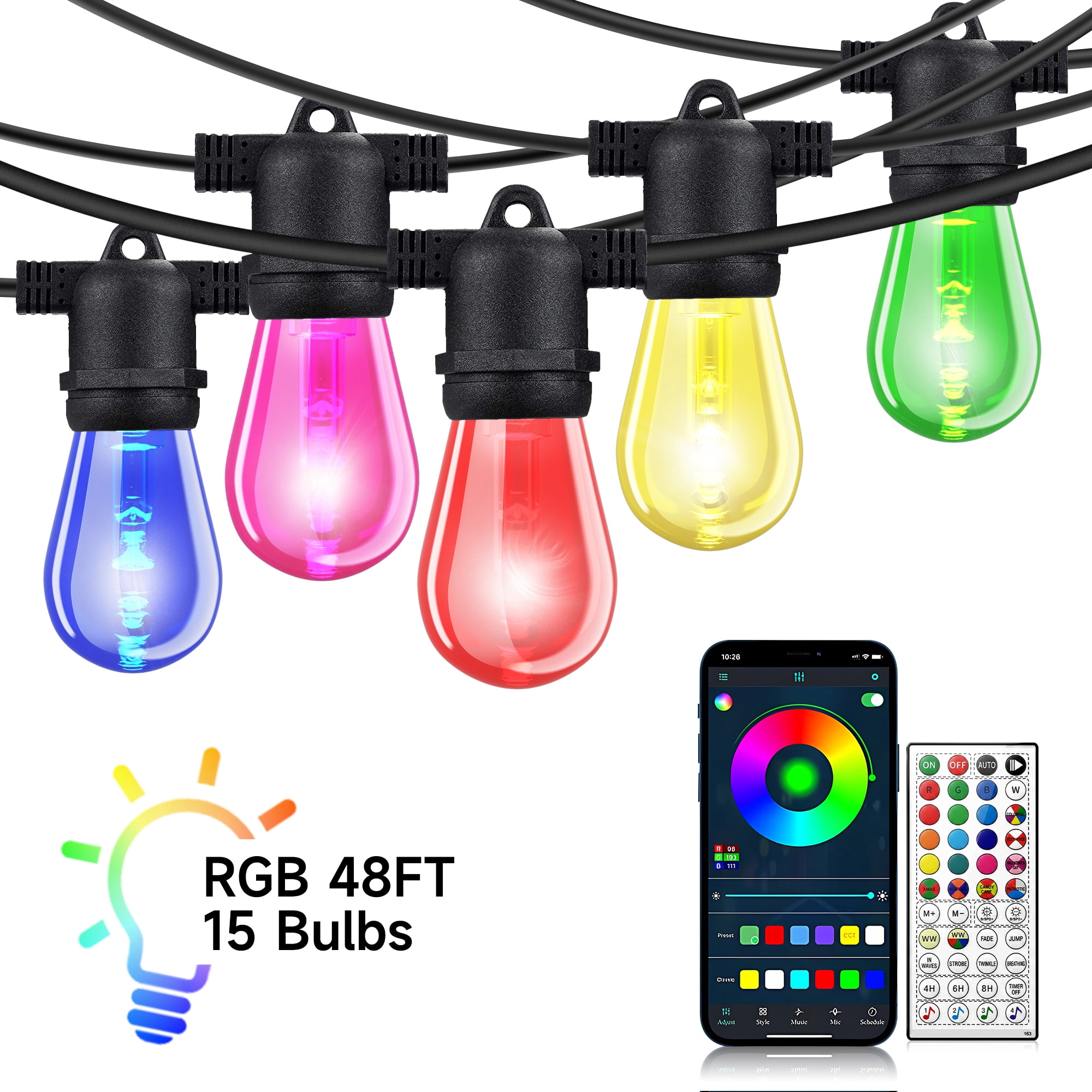 DAYBETTER Outdoor String Lights, 48FT RGB Waterproof Patio Lights, 15 ...