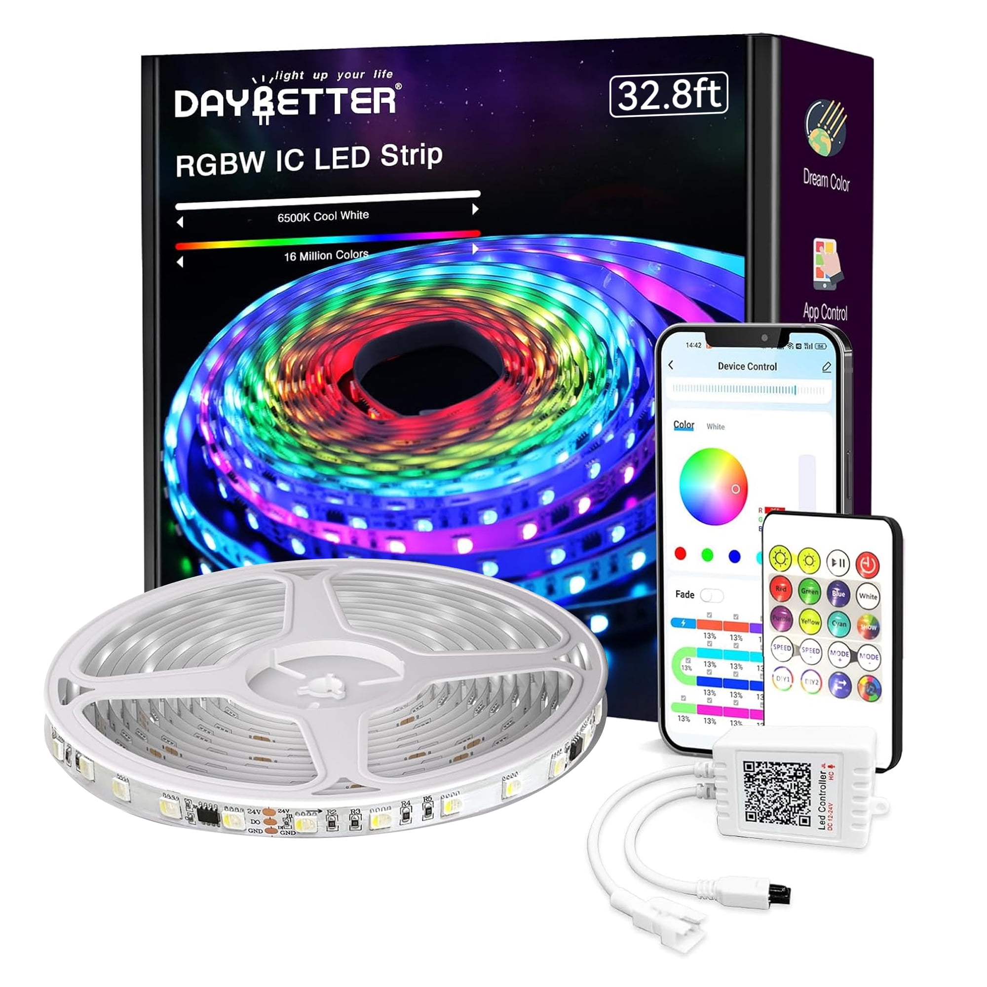 DAYBETTER RGBW IC LED Strip Lights,RGB+6500K White Lights 4 Color in 1 ...