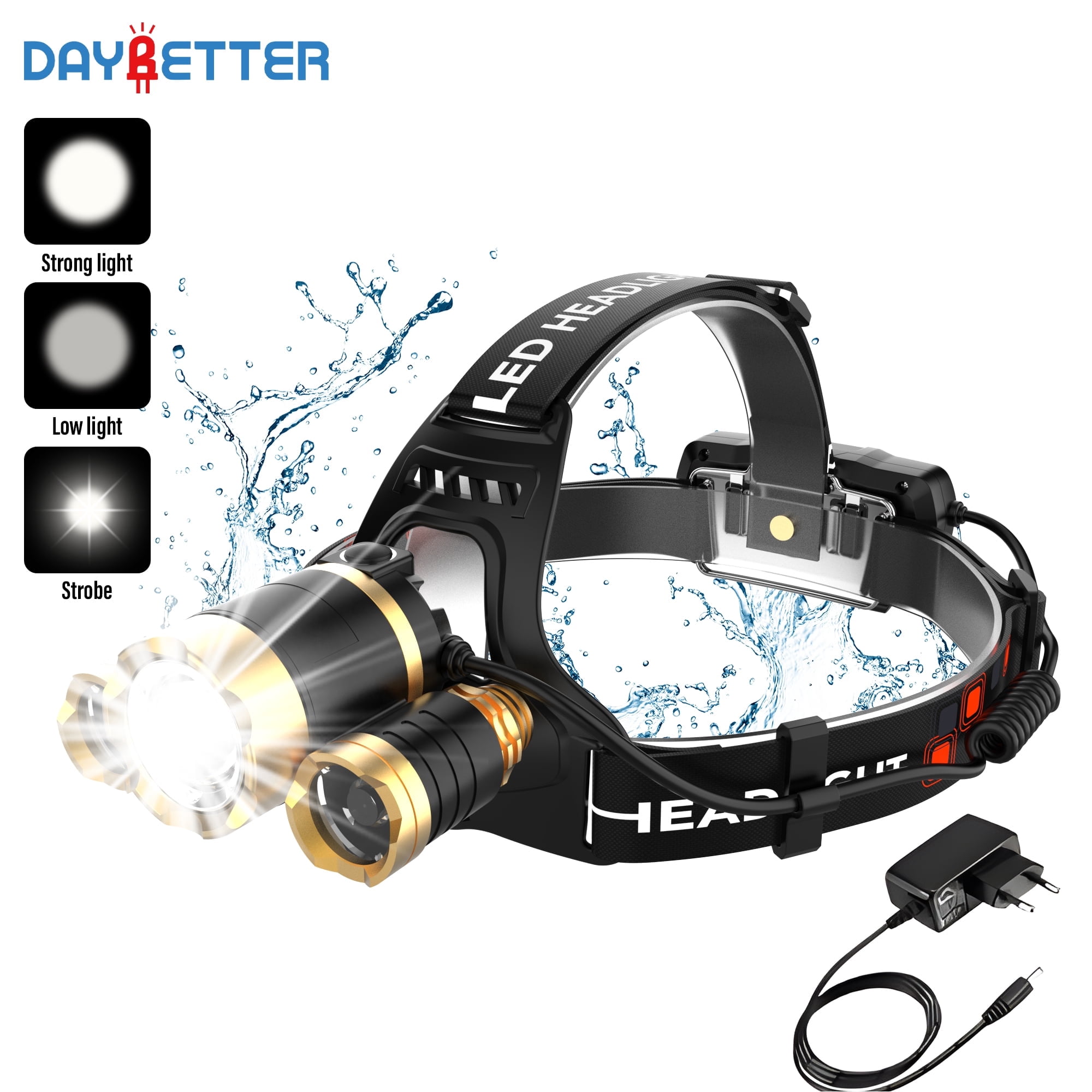 DAYBETTER Rechargeable 3LED Headlamp, 1600mAh Battery Powered Headlamps ...