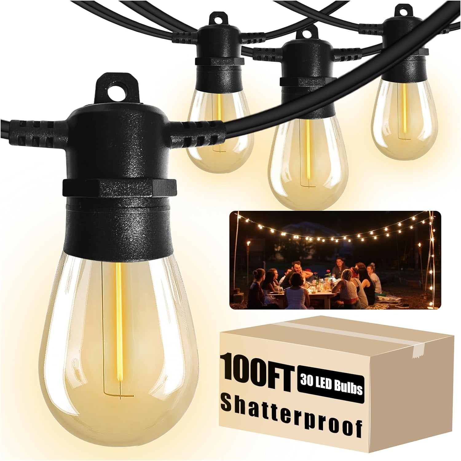 DAYBETTER S14 Outdoor String Lights Waterproof,100FT String lights ...
