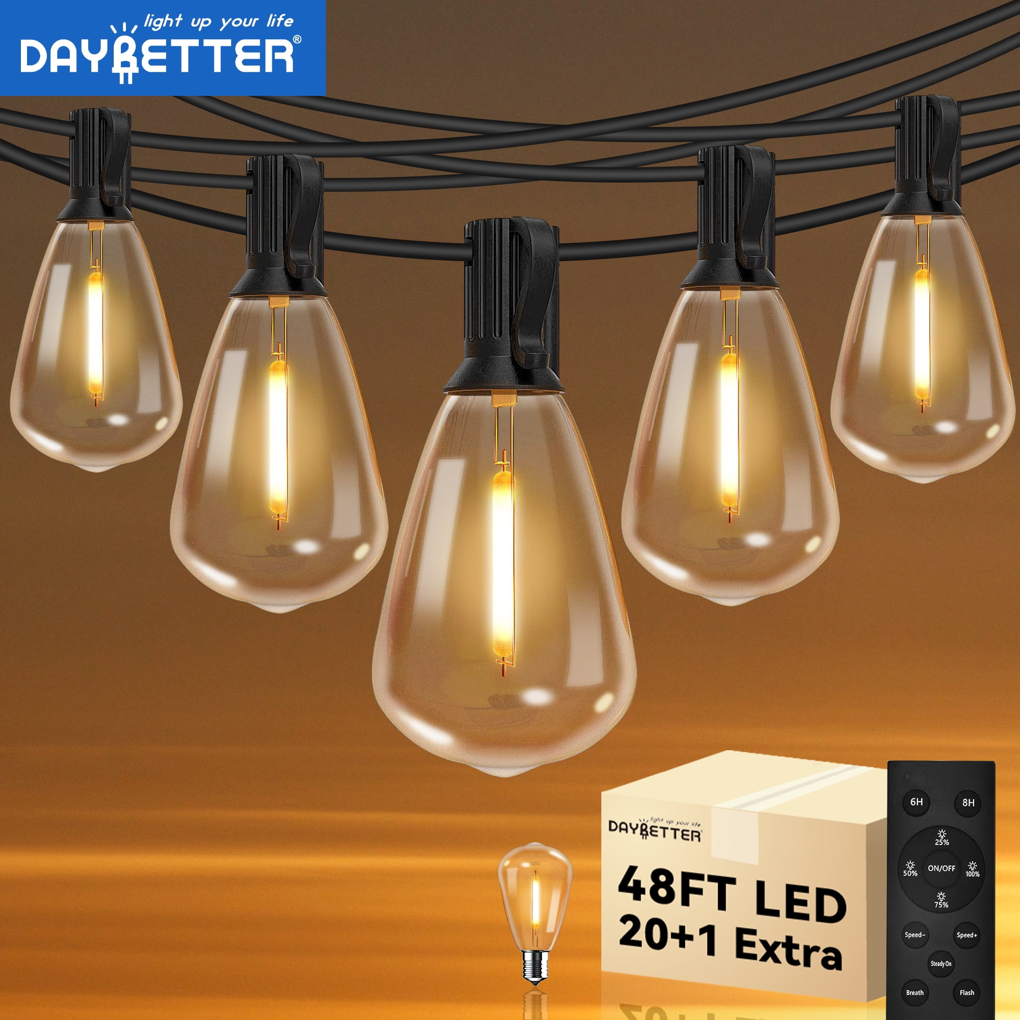 DAYBETTER ST38 Outdoor String Lights, Dimmable Hanging Lights, 48ft ...