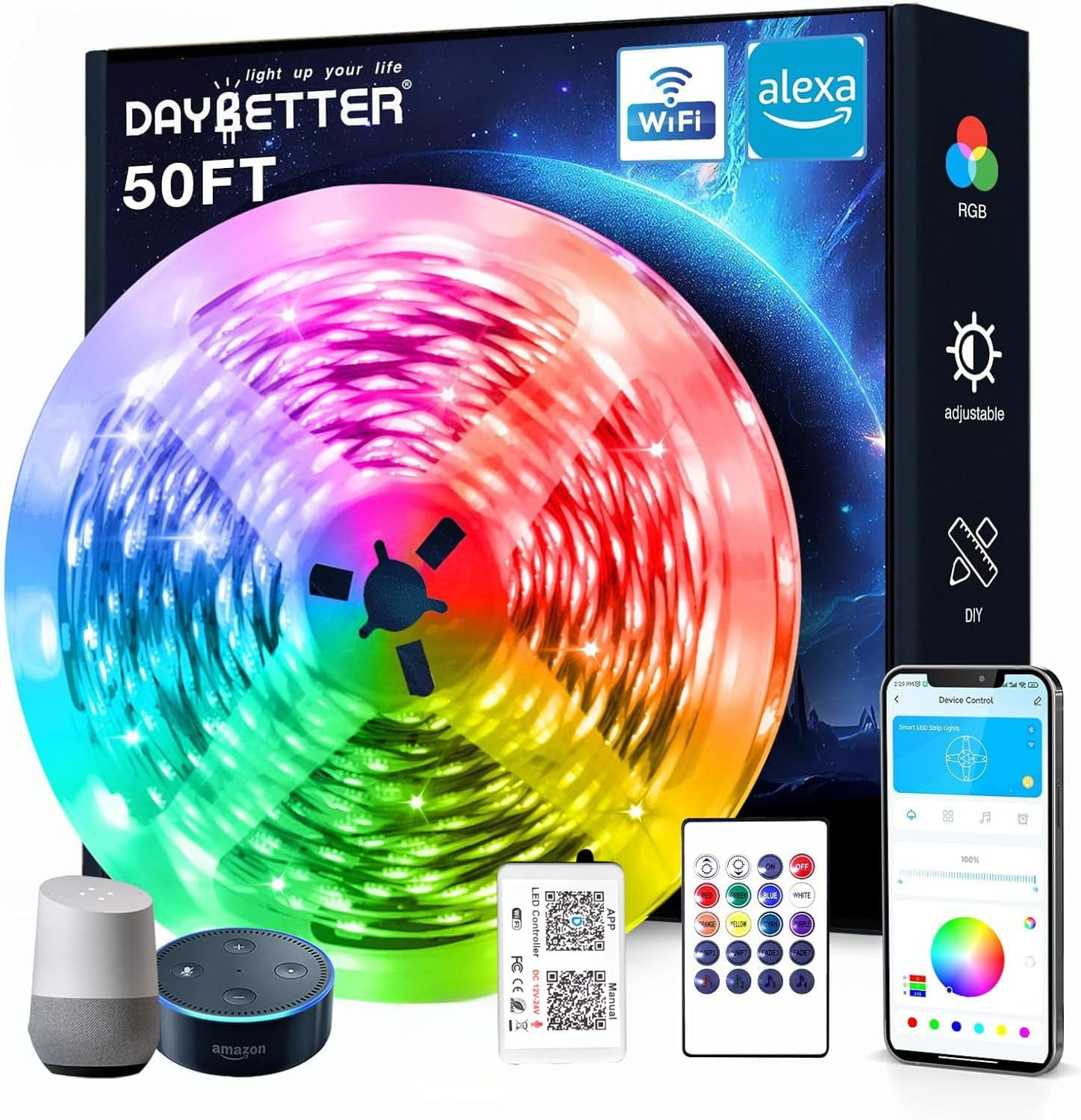 DAYBETTER Smart WiFi Led Lights, 50 FT RGB Led Strip Lights Compatible ...