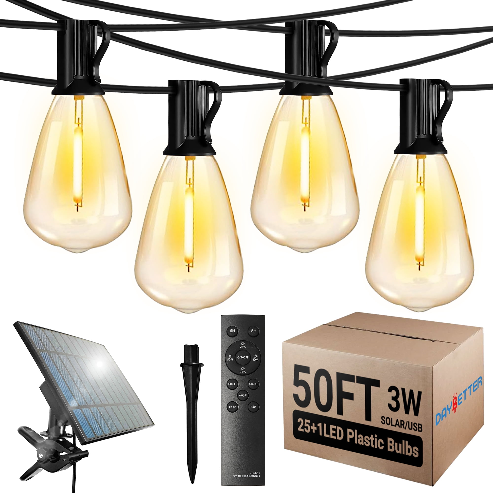 DAYBETTER Solar String Lights, 100ft Waterproof Patio LED Lights with ...