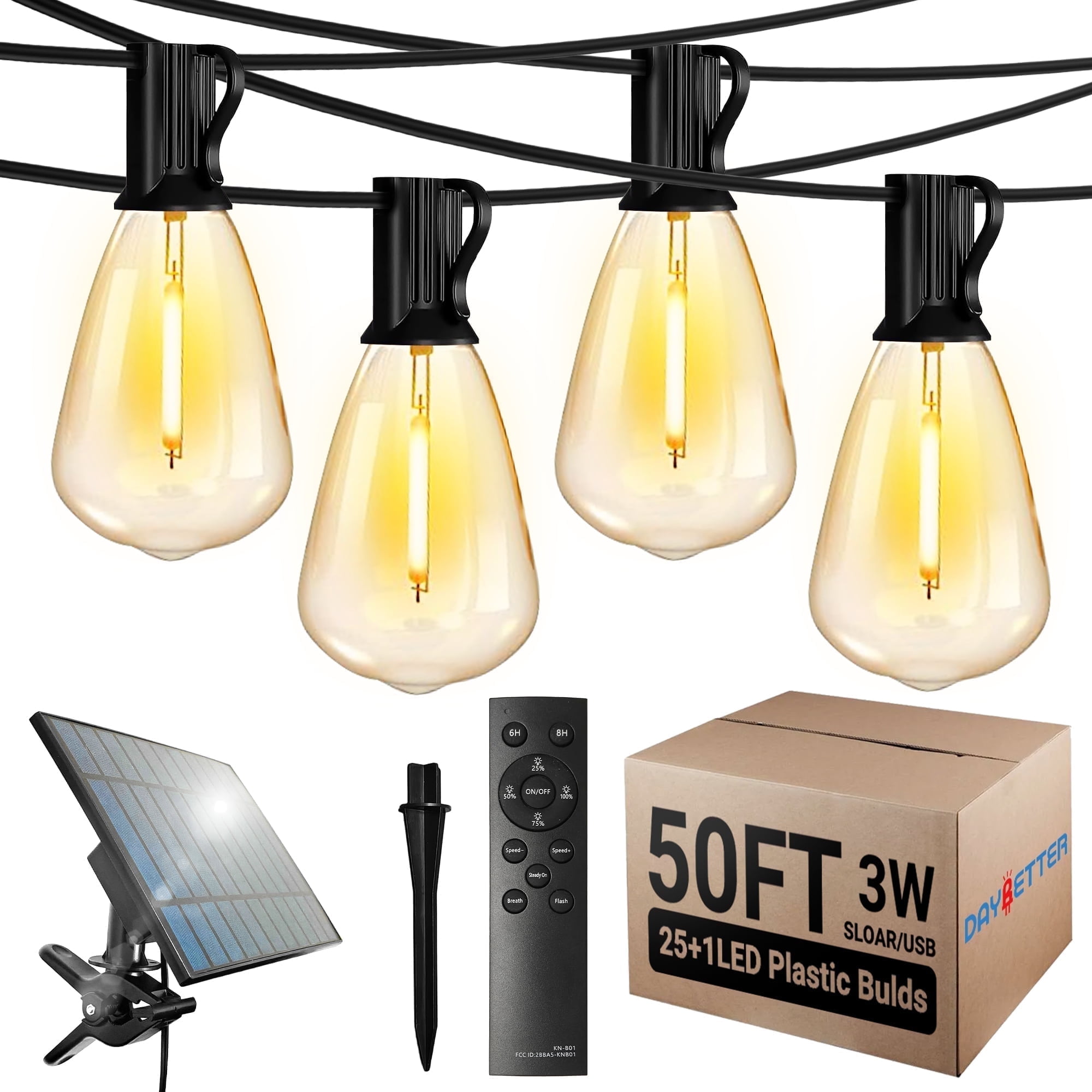DAYBETTER Solar Outdoor Lights, 50FT Patio String Lights with 25 ST38 Waterproof Bulbs, for ...