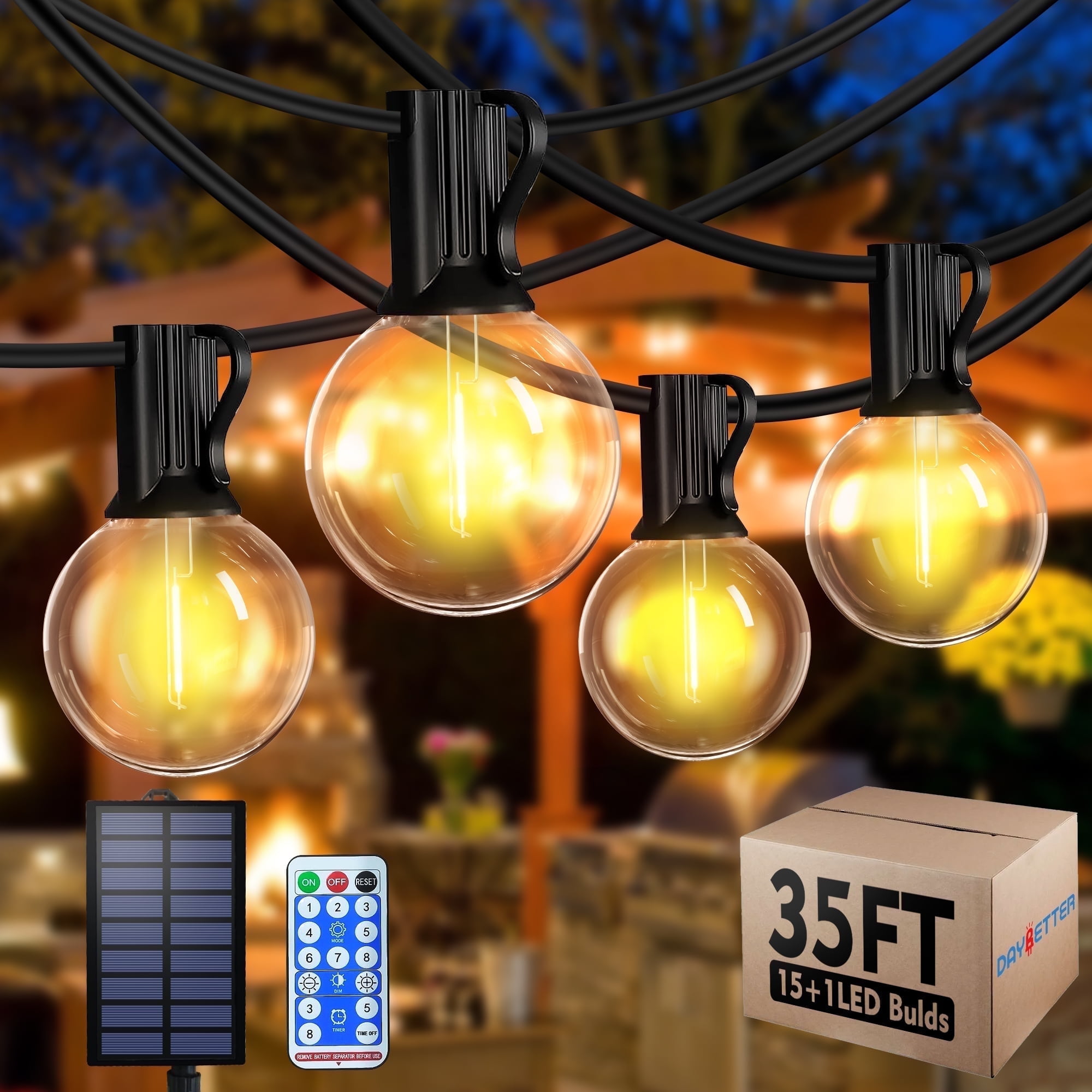 DAYBETTER Solar Outdoor String Lights, 35ft, with 15 G40 Shatterproof Waterproof LED Bulbs, for ...