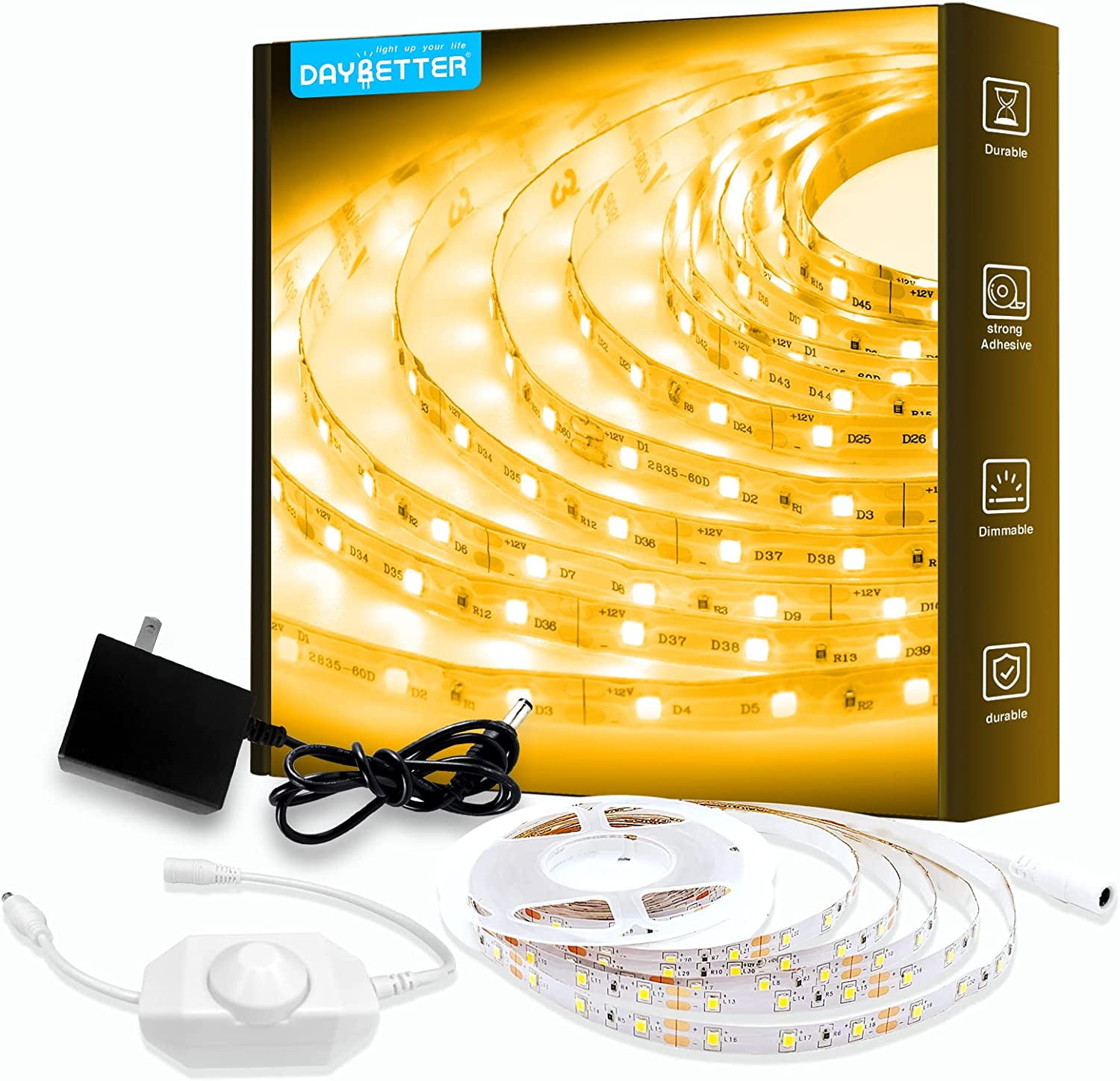 DAYBETTER Warm White LED Strip Light,16.4 ft Dimmable Bright Rope Light ...