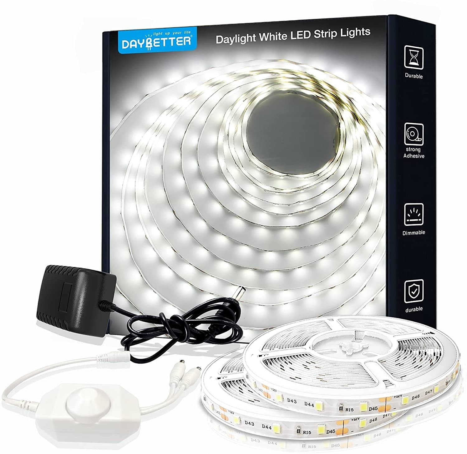 DAYBETTER White LED Strip Light, 40ft Dimmable Bright, 6500K 24V 720 ...