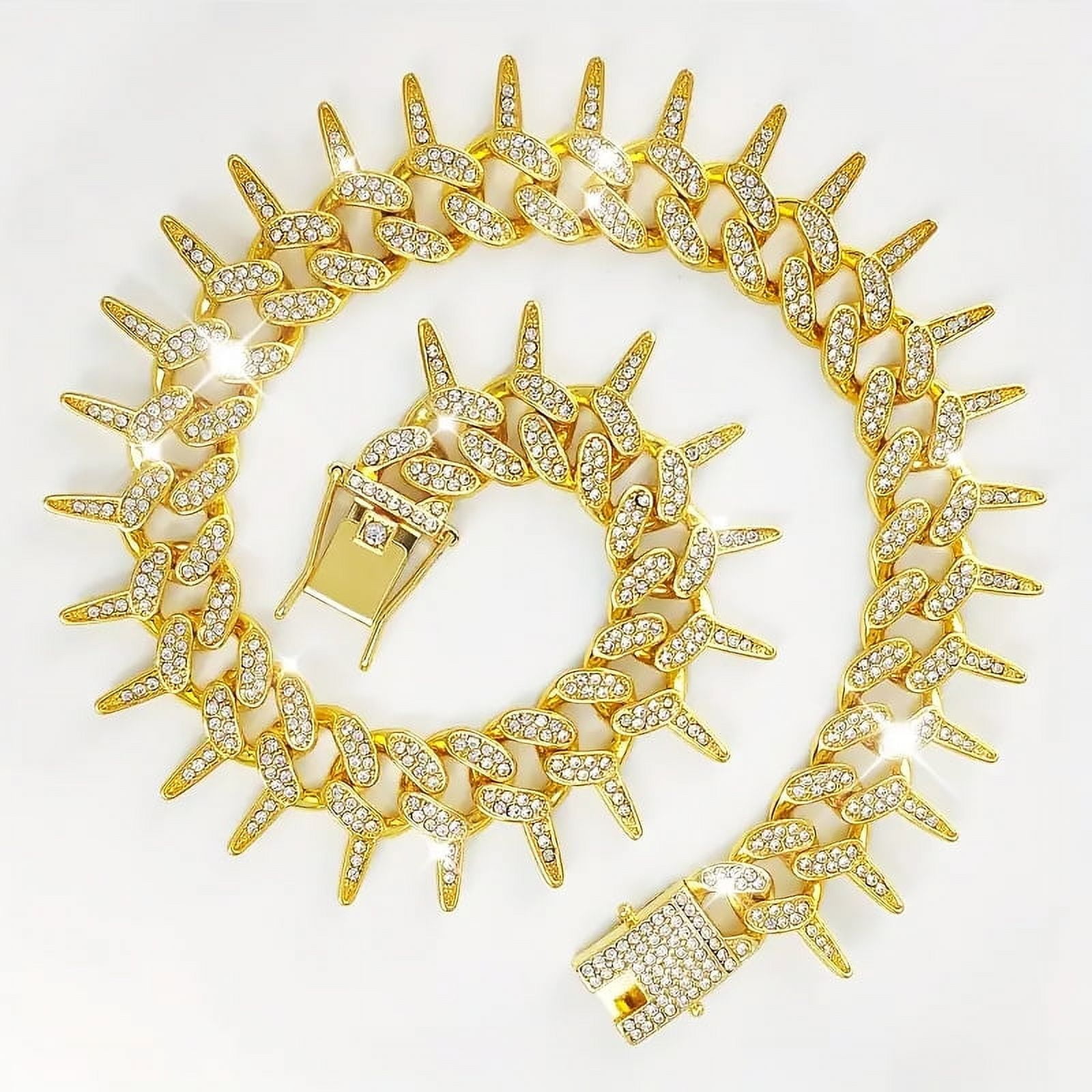 DAYEH Gold Dog Chain Collar - 19MM Thorn Design, Diamond Cuban Link ...