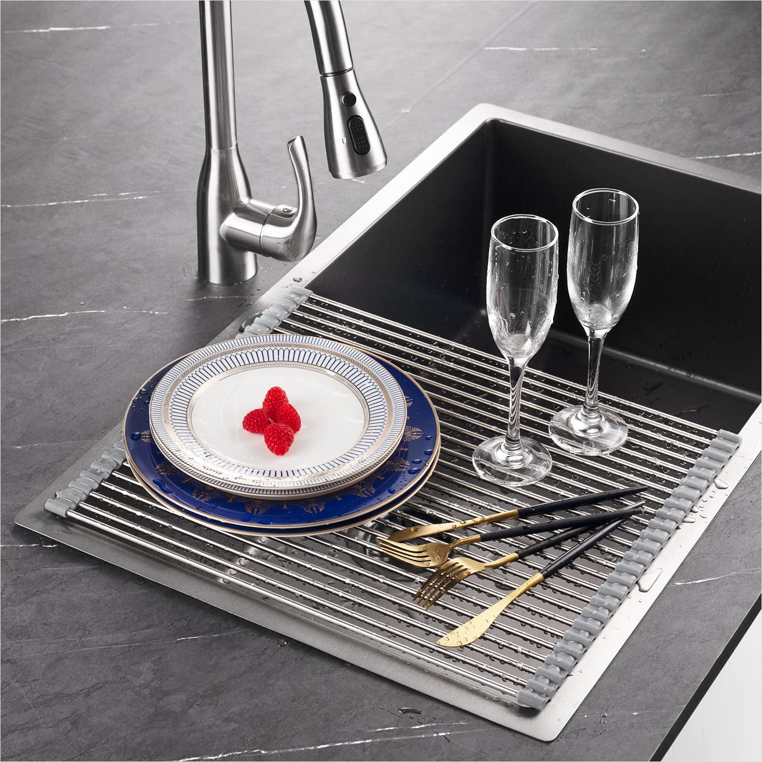 DAYISH Rollup Foldable Dish Drying Silicone Rack Home Kitchen Stainless ...