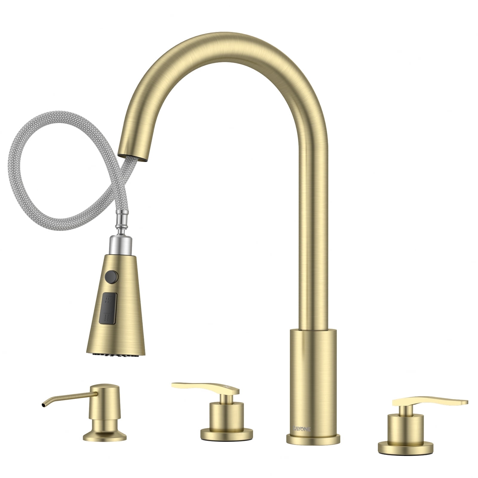 DAYONE Brushed Gold 3 Hole Kitchen Faucet with Separate Handle and Pull ...