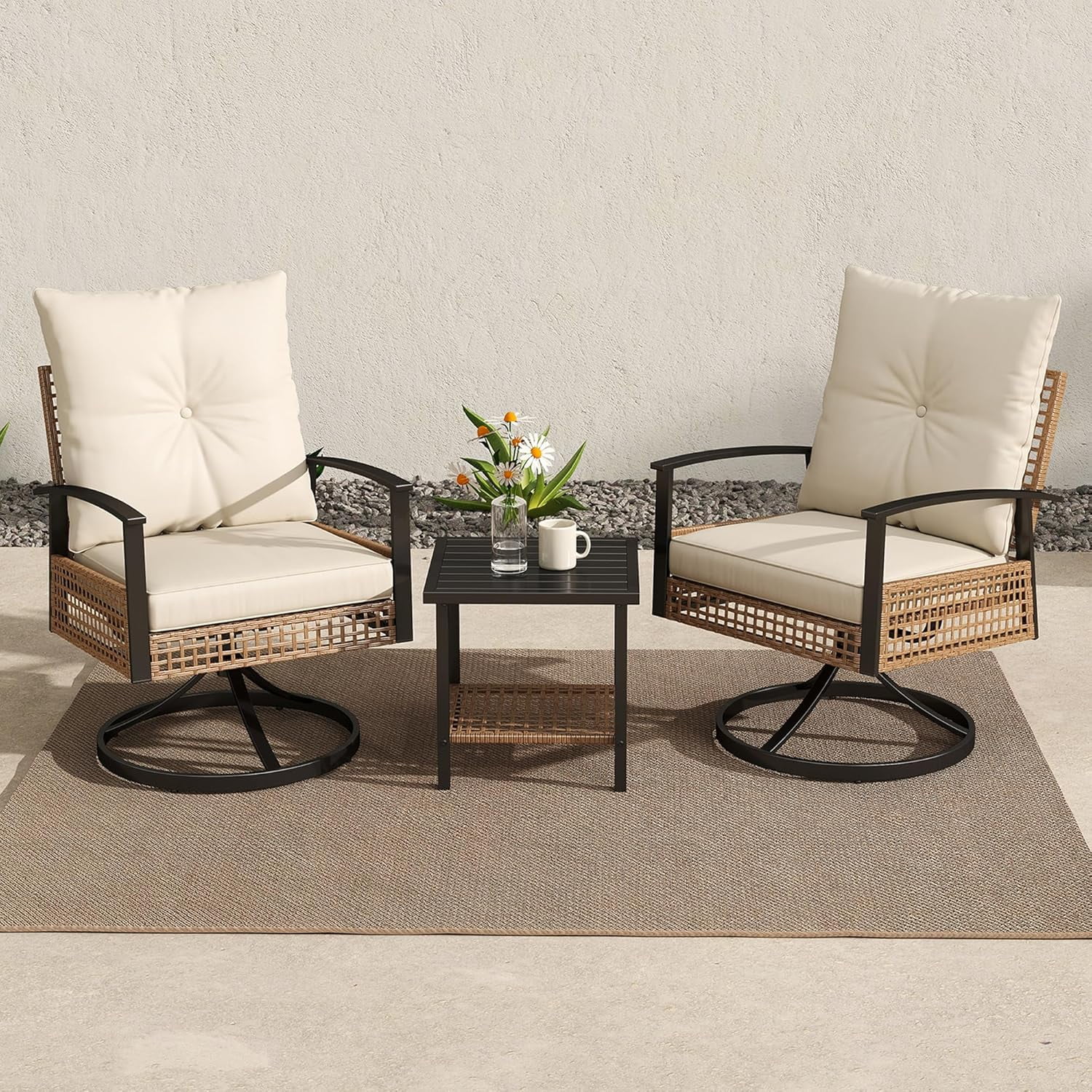 DAYRUS Swivel Outdoor Chairs Set of 2 with Side Table, 3 Pieces Patio ...