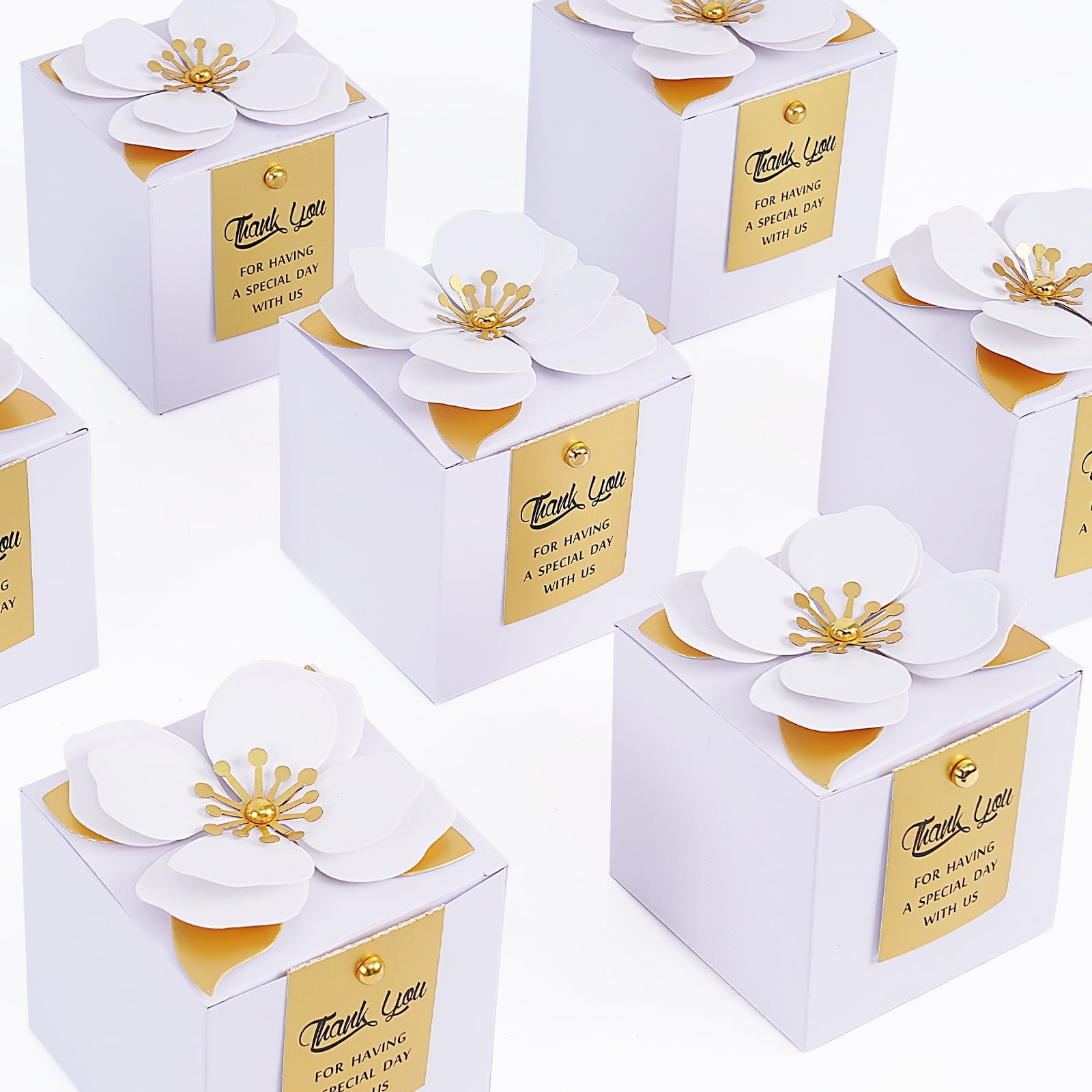 DAZLUTE 20 Pcs Wedding Favor Box with Thanks Card Square Flower Candy ...