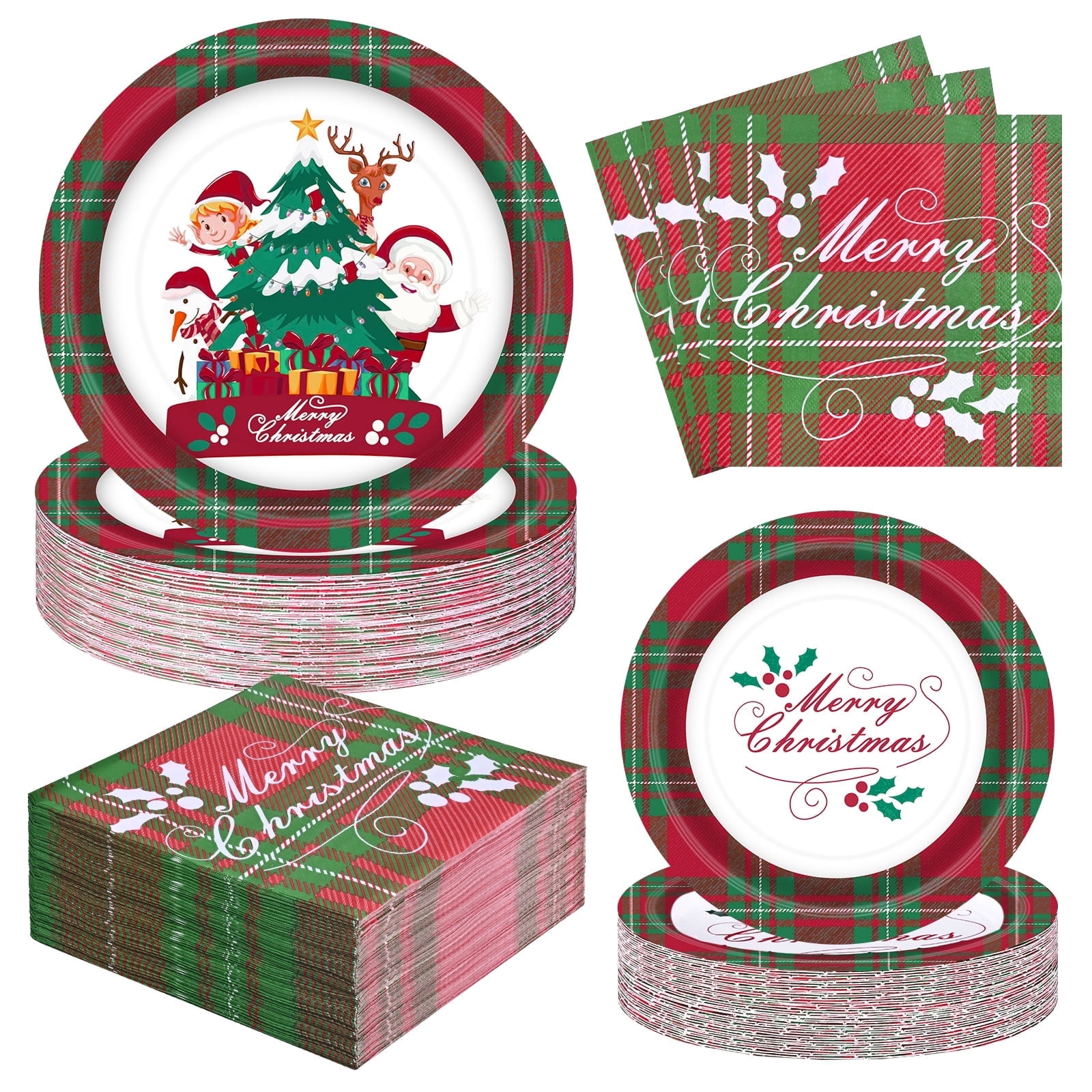 DAZLUTE 200pcs Christmas Paper Plate Set Christmas Red and Green ...