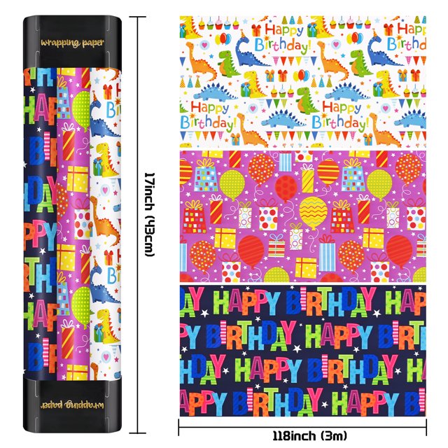 DAZLUTE Birthday Wrapping Paper Roll,Mini Roll,3 Rolls,17 Inch X 118 ...