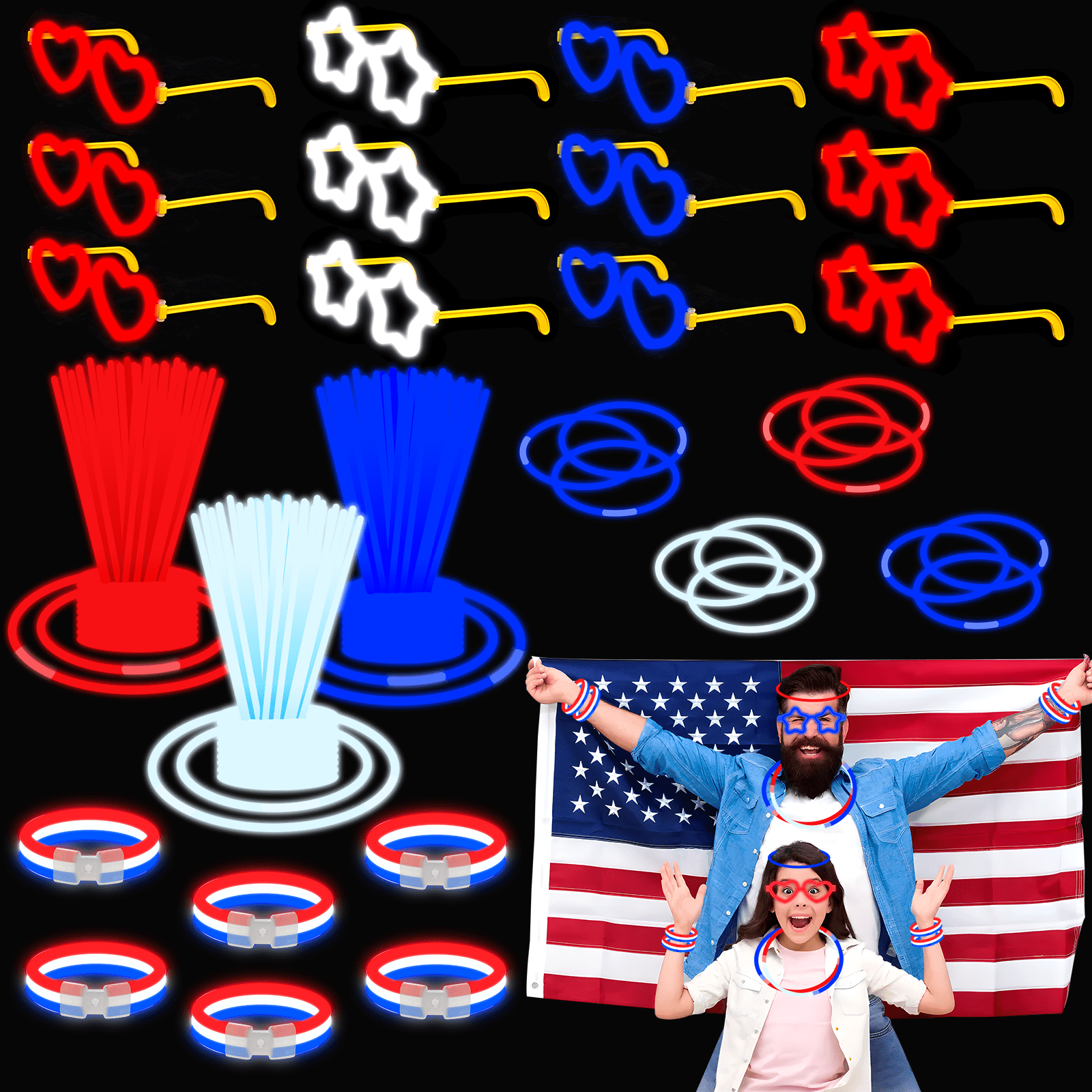 DAZLUTE Glow Sticks Party Favors 72 Pcs Patriotic Glow in the Dark ...